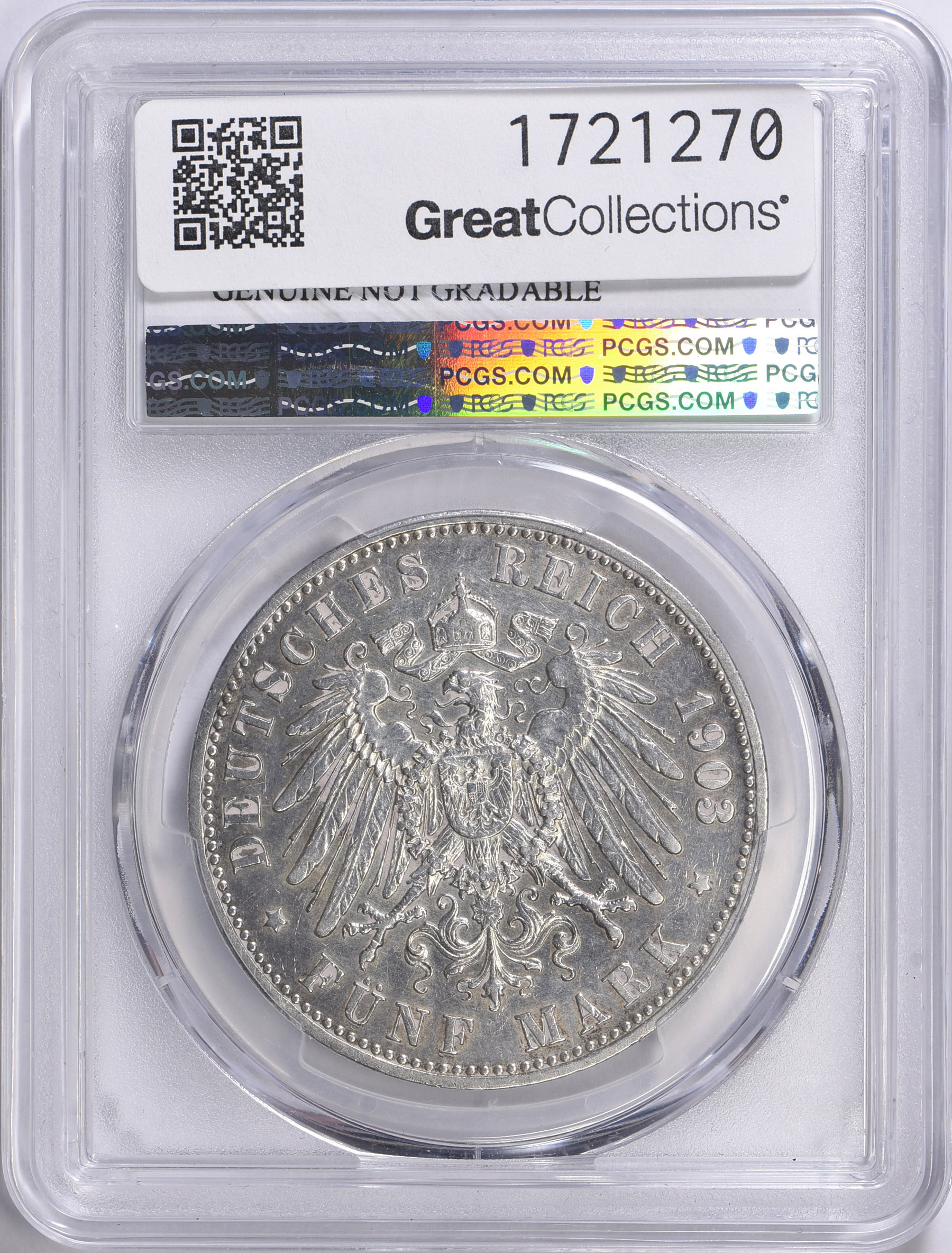 Germany - Prussia 1903-A Silver 5 Marks KM-523 PCGS Genuine AU Details ...