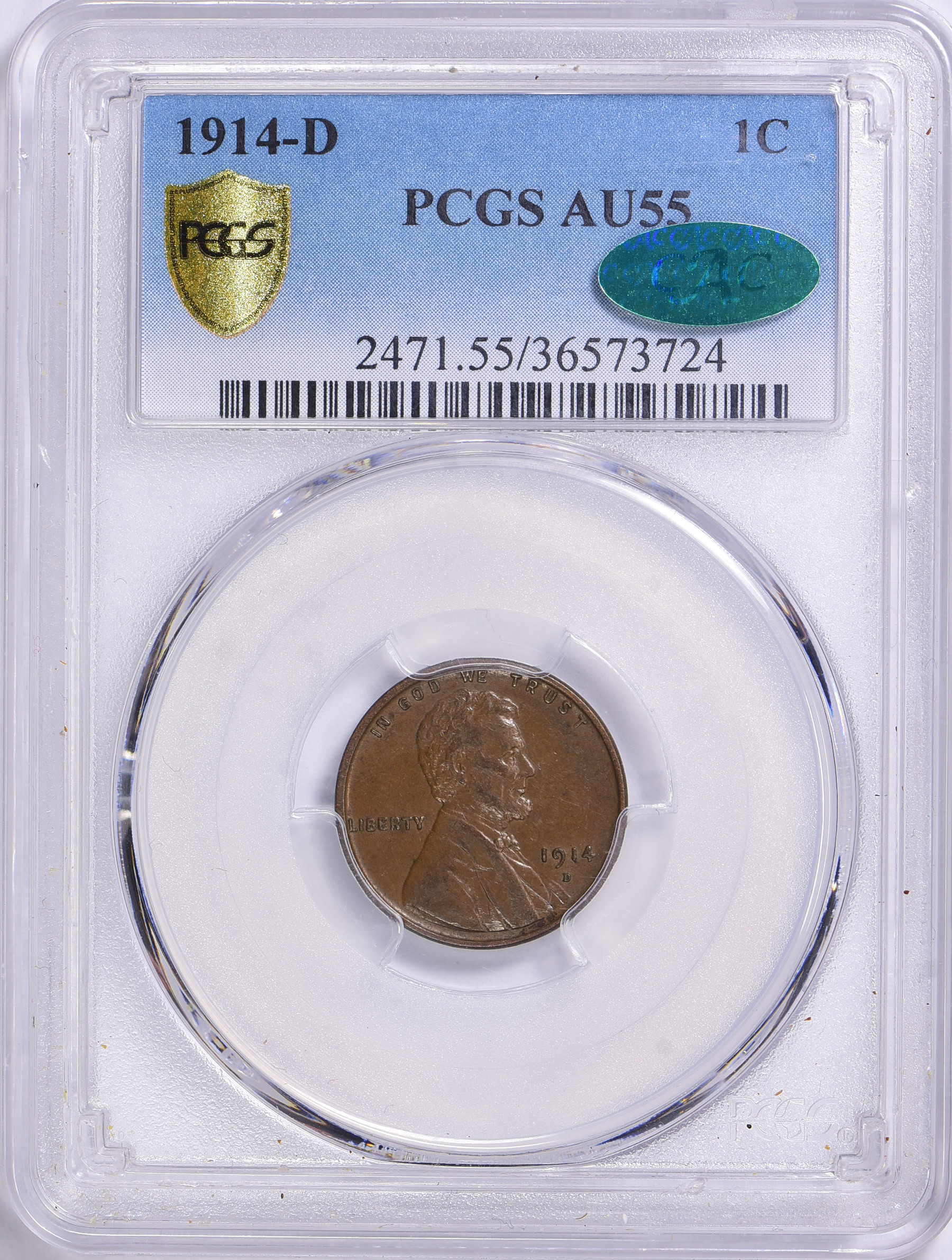 1914-D Lincoln Cent PCGS AU-55 BN (CAC Green) (Item 1721345) | GreatCollections Coin Auctions