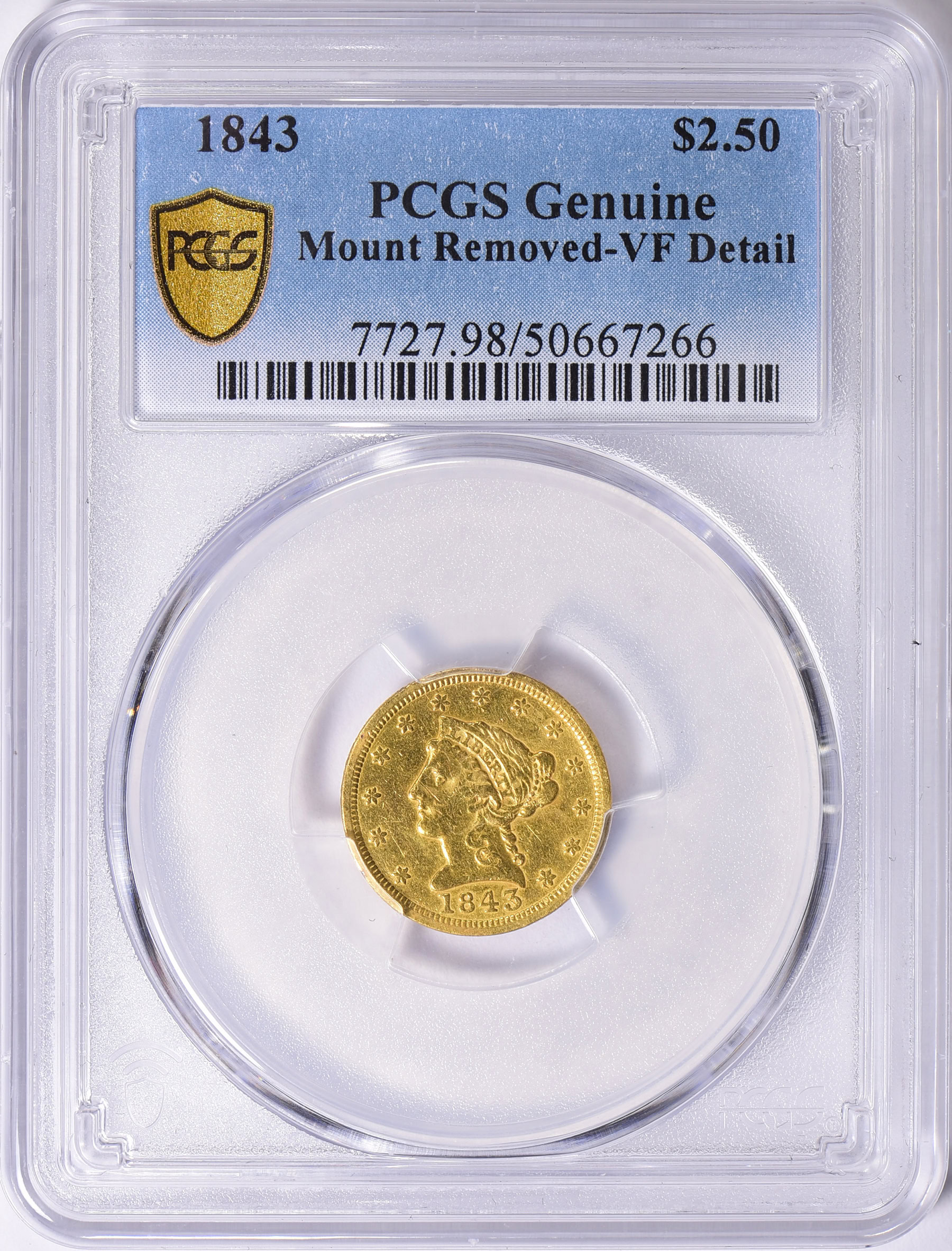 1843 Liberty Gold Quarter Eagle PCGS Genuine VF Details (Item 1721385) | GreatCollections Coin ...
