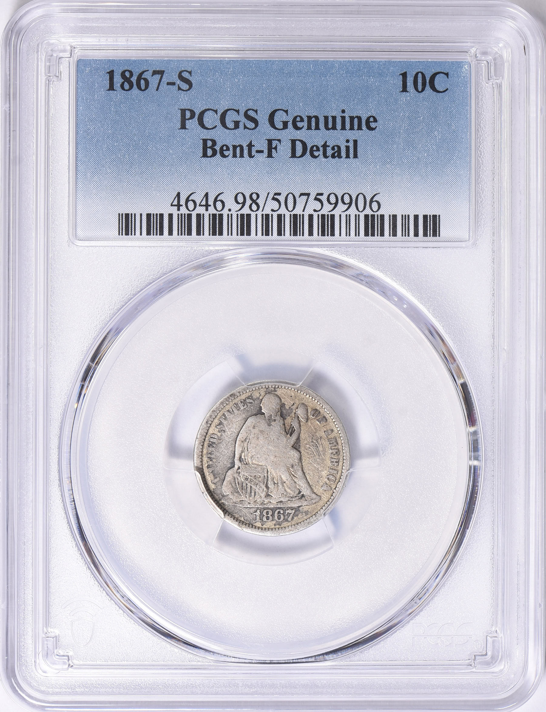 1867-S Seated Liberty Dime PCGS Genuine Fine Details (Item 1721510 ...