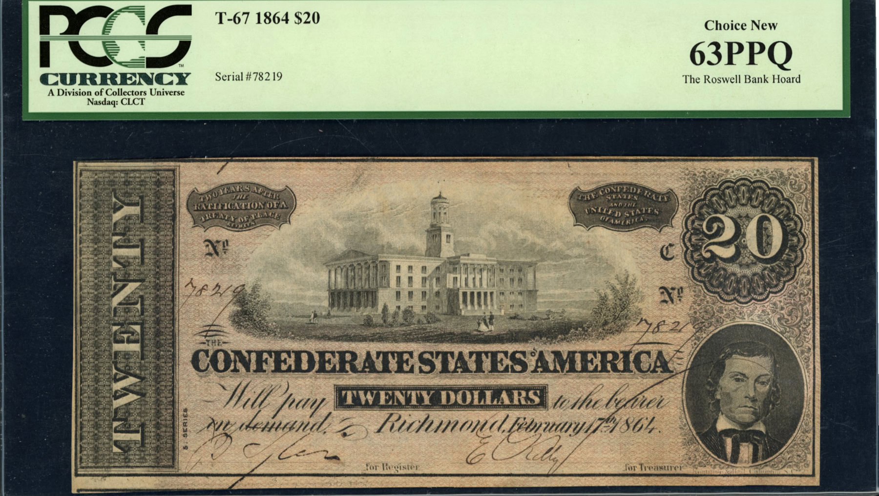 T-67 Confederate States of America 1864 $20 PCGS Currency Choice New 63 ...