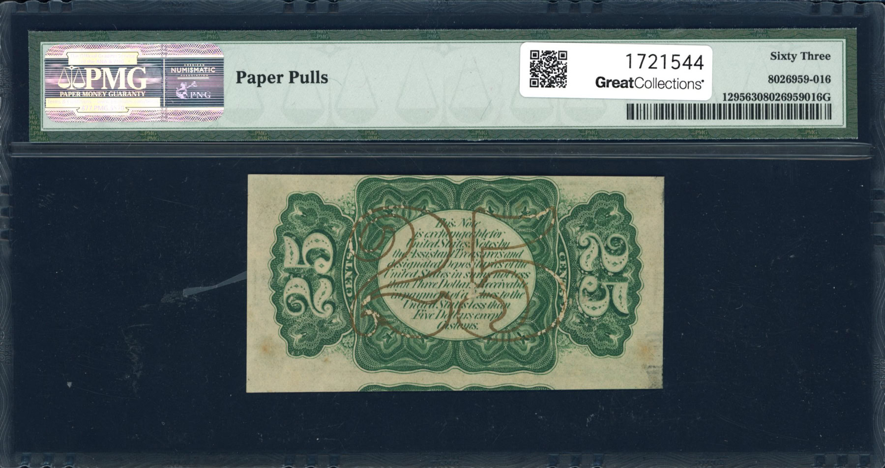 Fr. 1295 Third Issue 25 Cents Fractional Currency Note Small Design Letter "a" on Face Colby ...