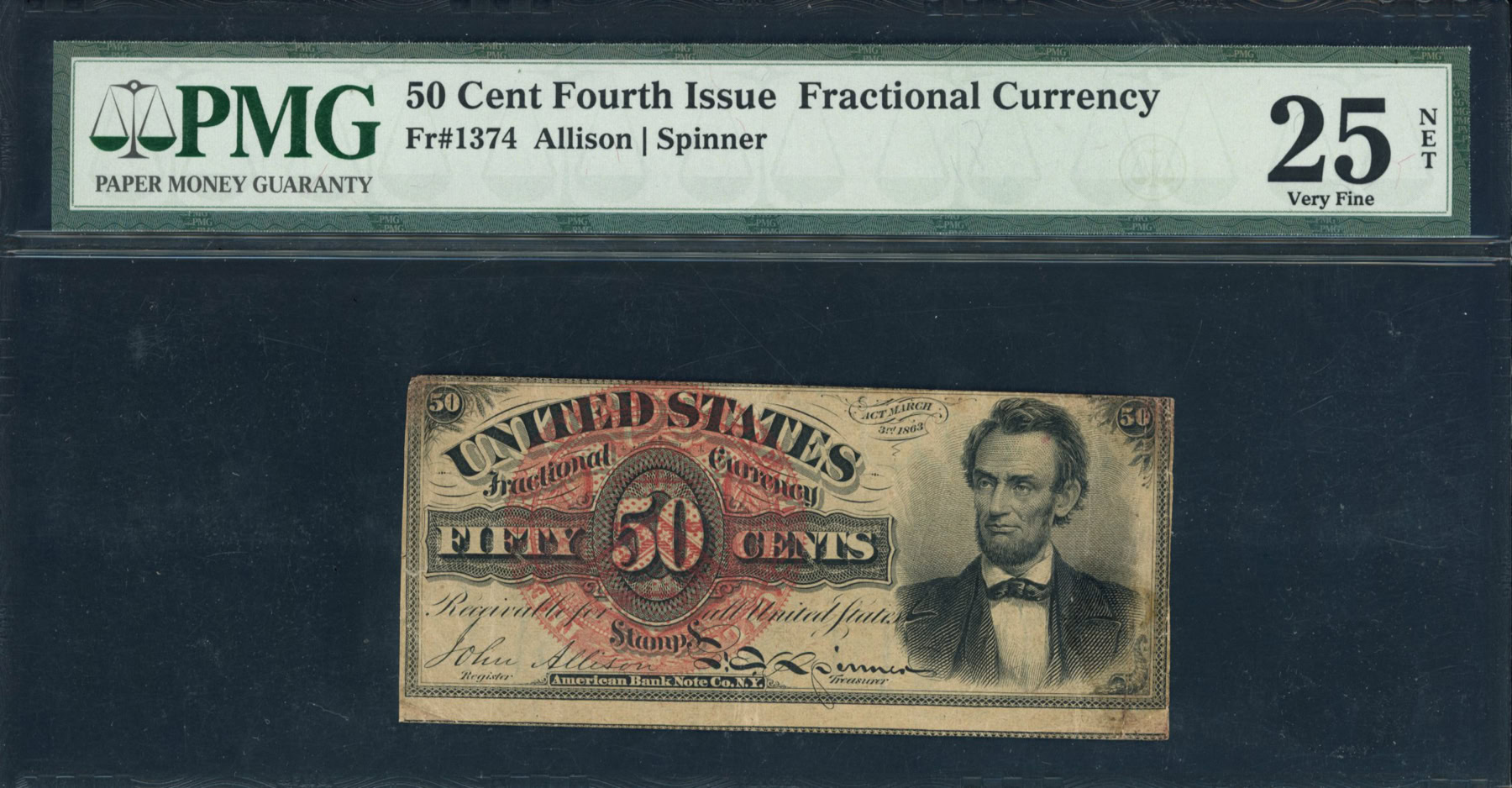 Fr. 1374 Fourth Issue 50 Cents Fractional Currency Note Allison ...