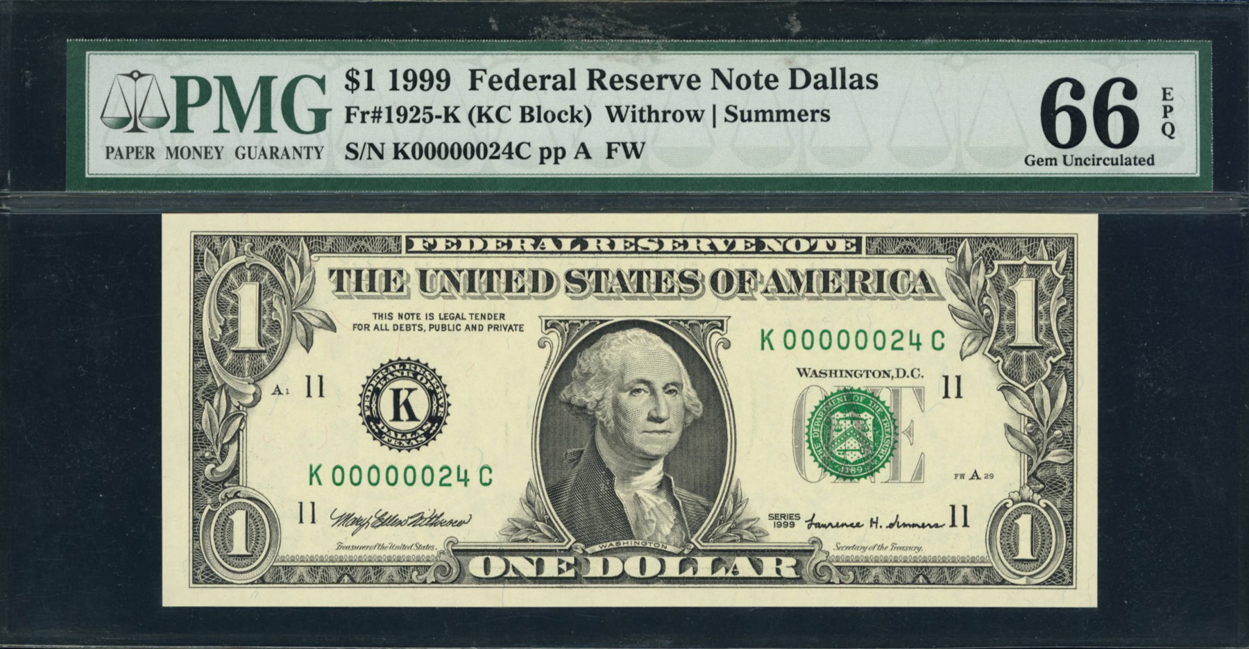 Fr. 1925-K (KC Block) 1999 $1 Dallas Federal Reserve Note Extremely Low ...