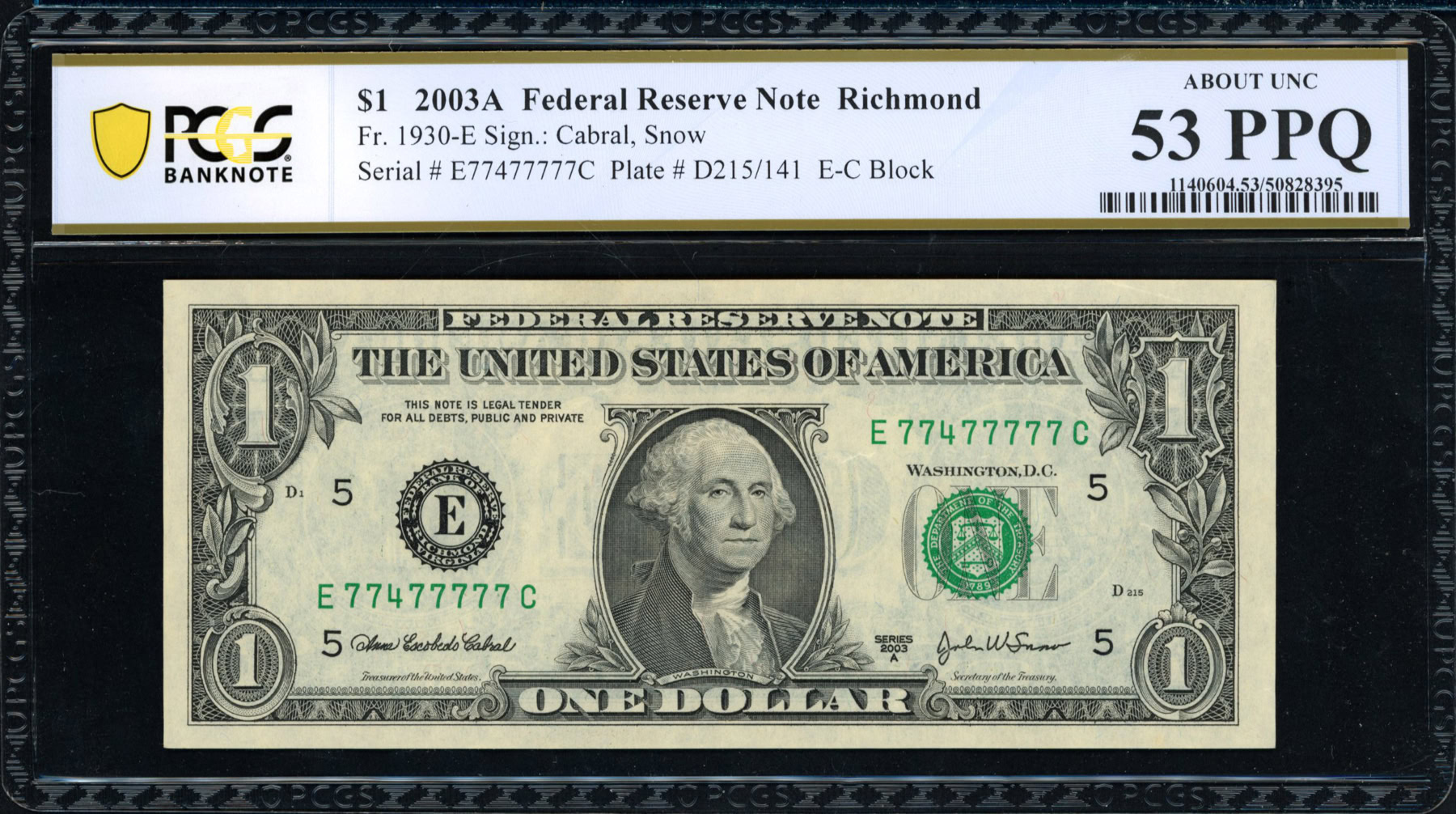 Fr. 1930-E (EC Block) 2003A $1 Richmond Federal Reserve Note Seven of a ...