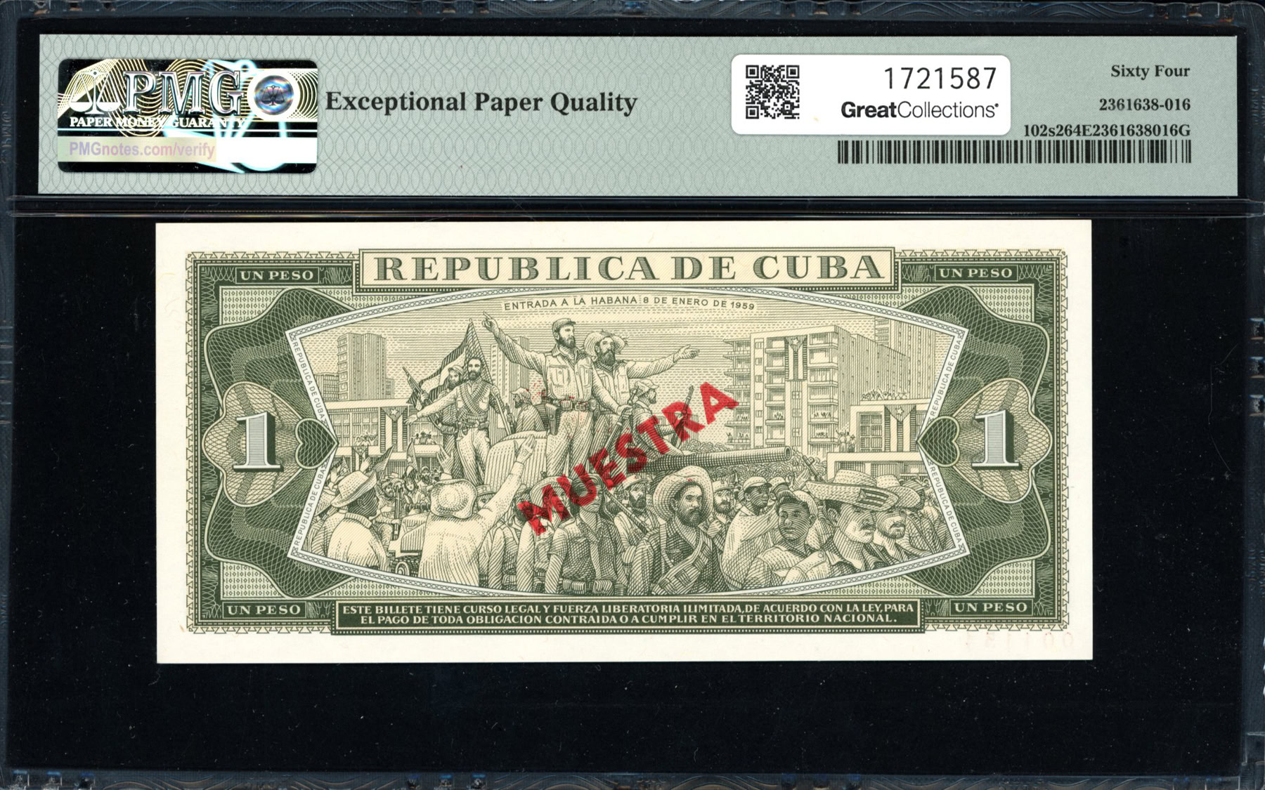 Cuba 1985 1 Peso Banco Nacional de Cuba Specimen Note SCWPM-102s2 PMG ...