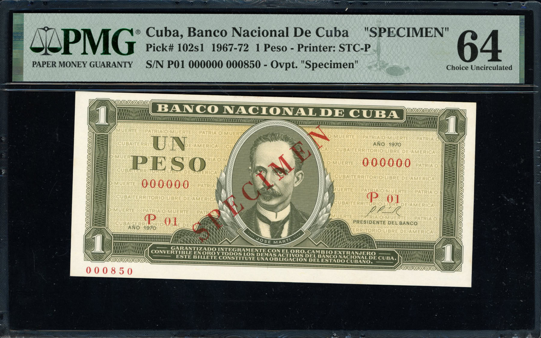 Cuba 1970 1 Peso Banco Nacional de Cuba Specimen Note SCWPM-102s1 PMG ...