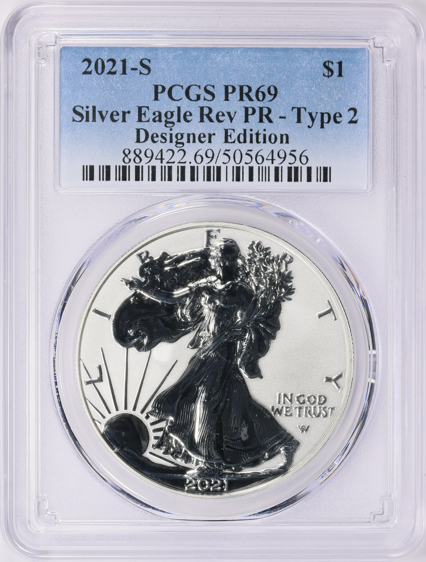 2021-S $1 Silver Eagle Reverse Proof Type 2 Designer Edition PCGS Proof-69 (Item 1721687 ...