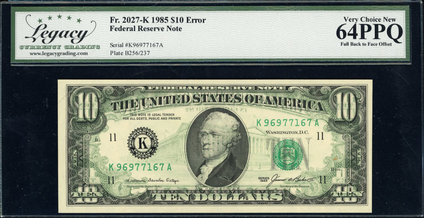 Fr. 2027-K (KA Block) 1985 $10 Dallas Federal Reserve Error Note Offset ...