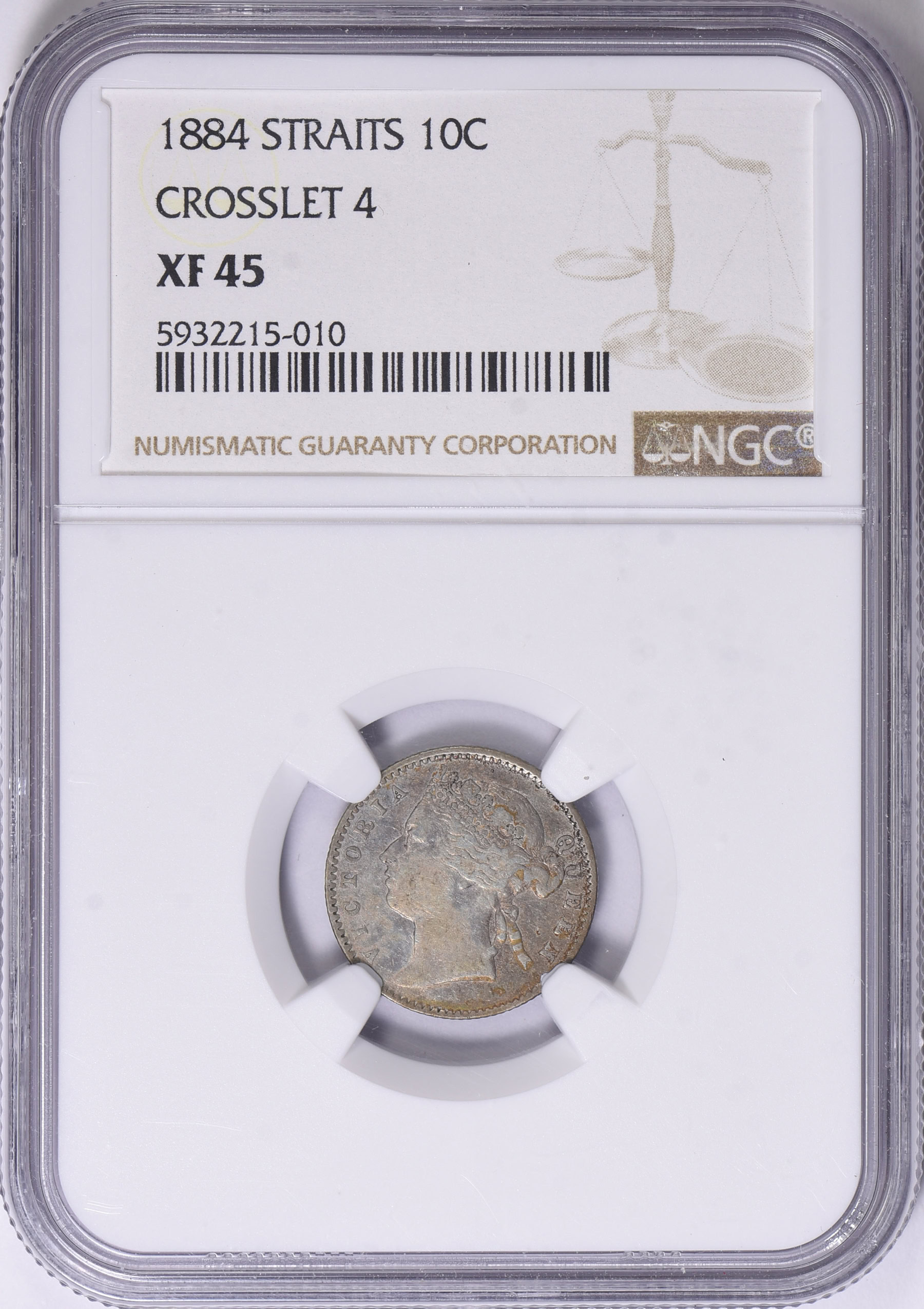 Straits Settlements 1884 Silver 10 Cents Crosslet 4 KM-11 NGC XF-45 ...