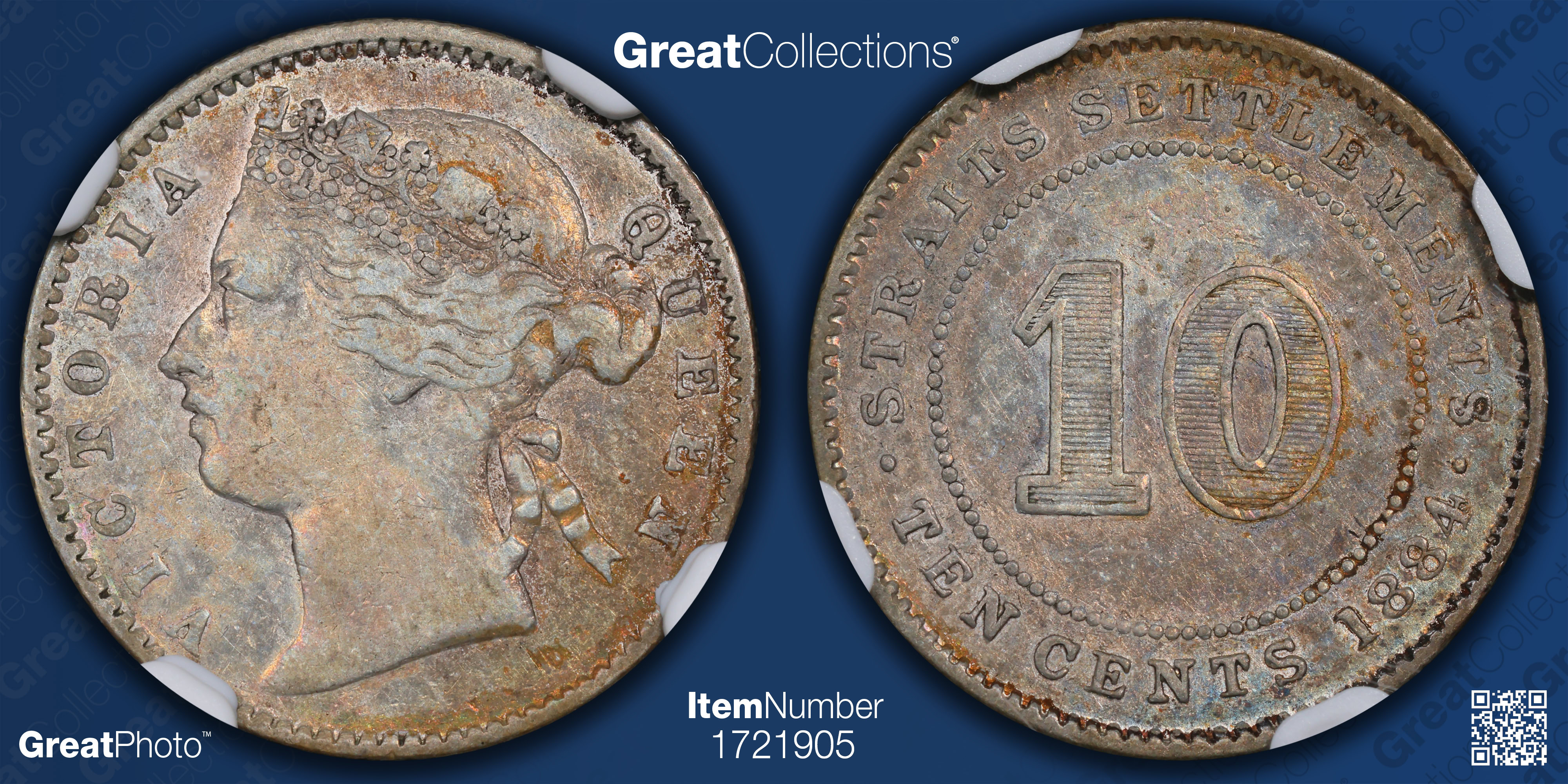Straits Settlements 1884 Silver 10 Cents Crosslet 4 KM-11 NGC XF-45 ...