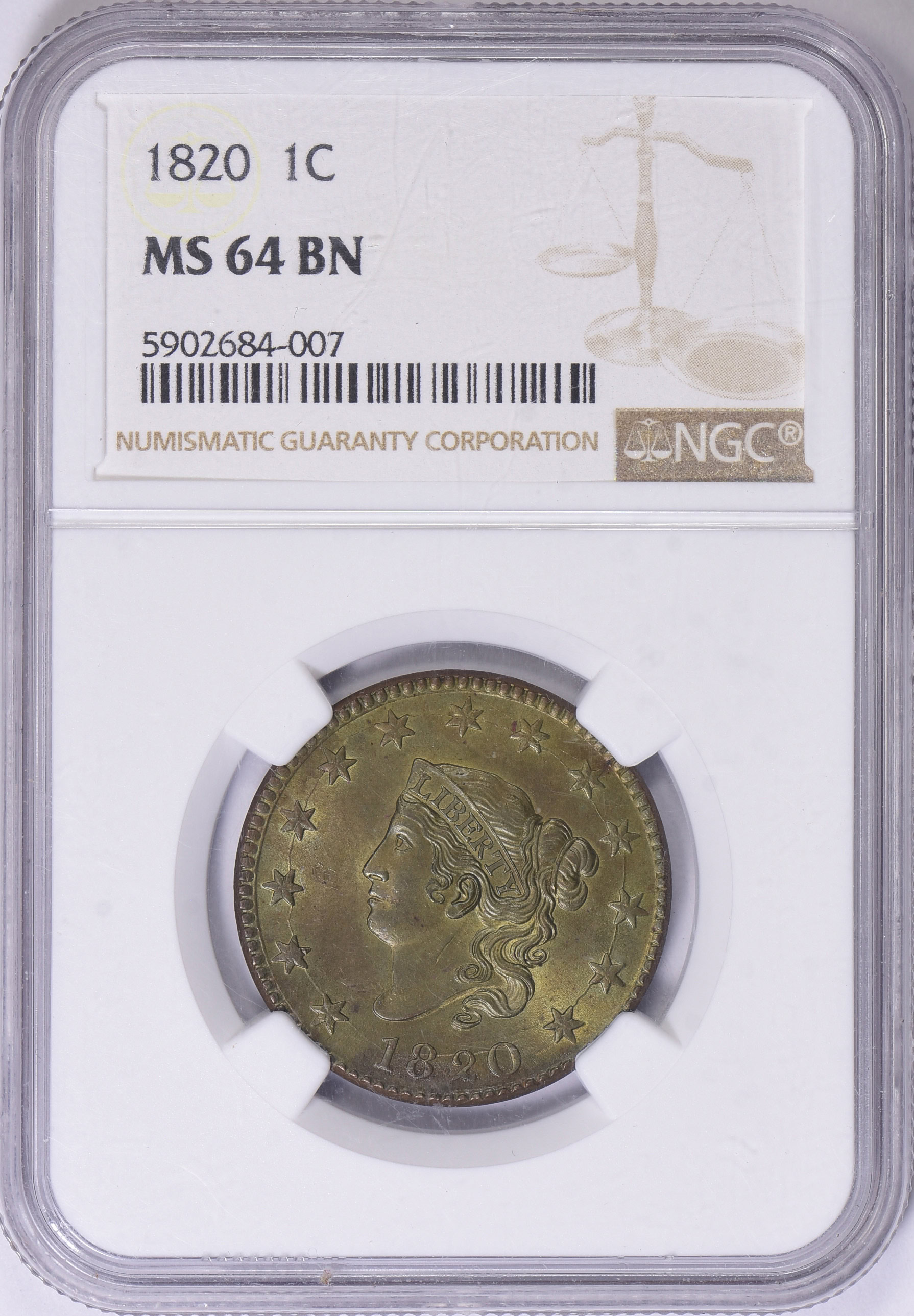 1820 Matron Cent Large Date NGC MS-64 BN (Item 1722091) | GreatCollections Coin Auctions