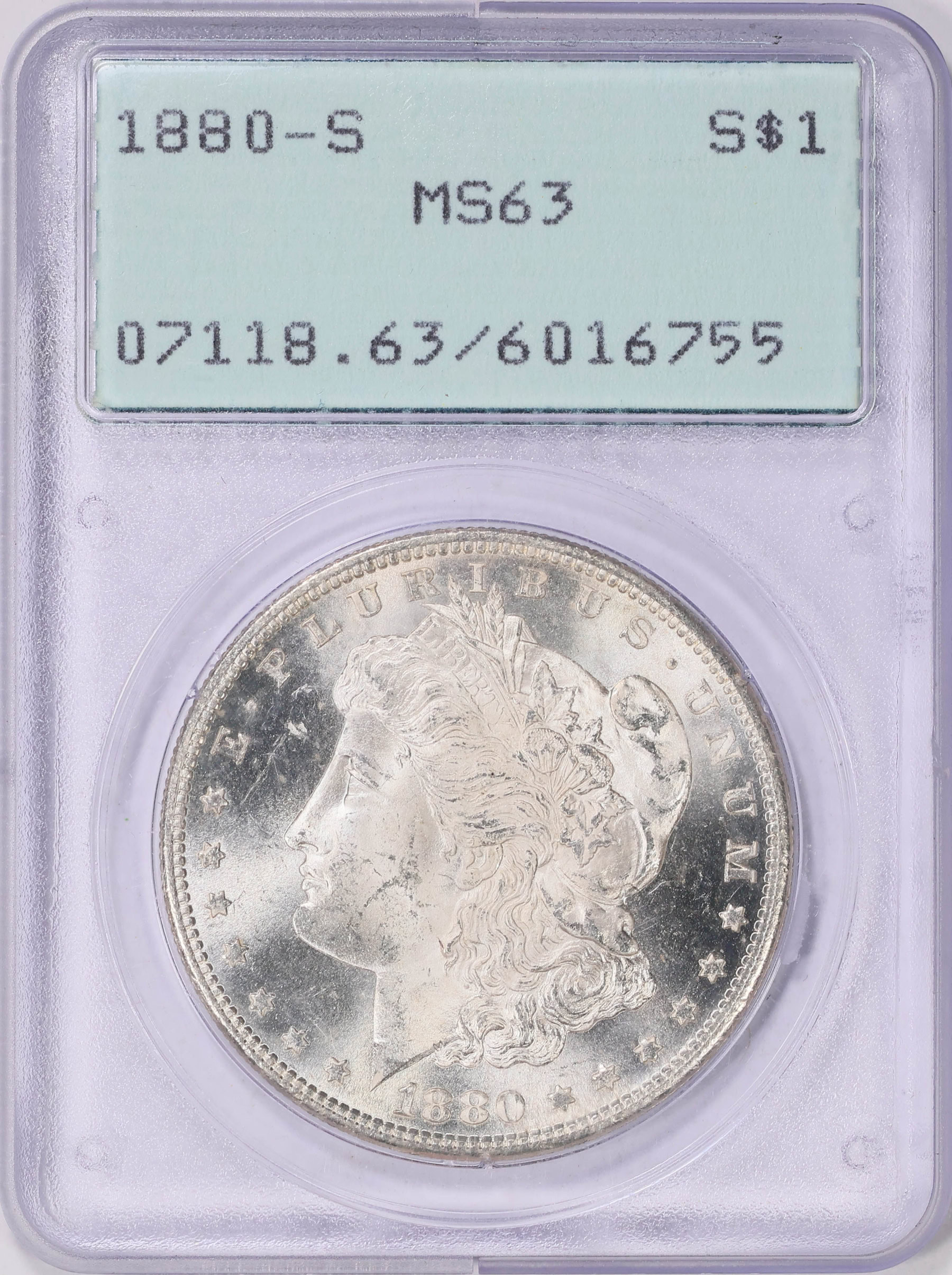 1880-S Morgan Silver Dollar PCGS MS-63 OGH (1st Gen) (Item 1722107) | GreatCollections Coin Auctions