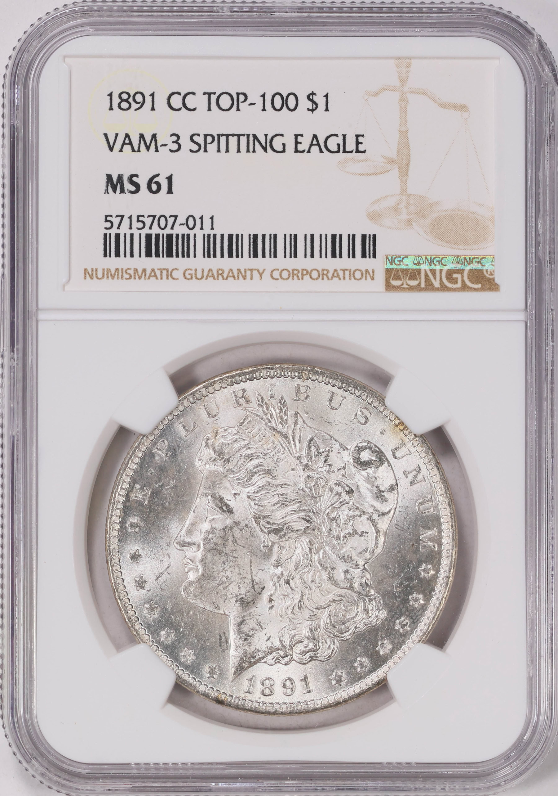 1891-CC Morgan Silver Dollar Spitting Eagle VAM-3 Top 100 NGC MS-61 (Item 1722163 ...
