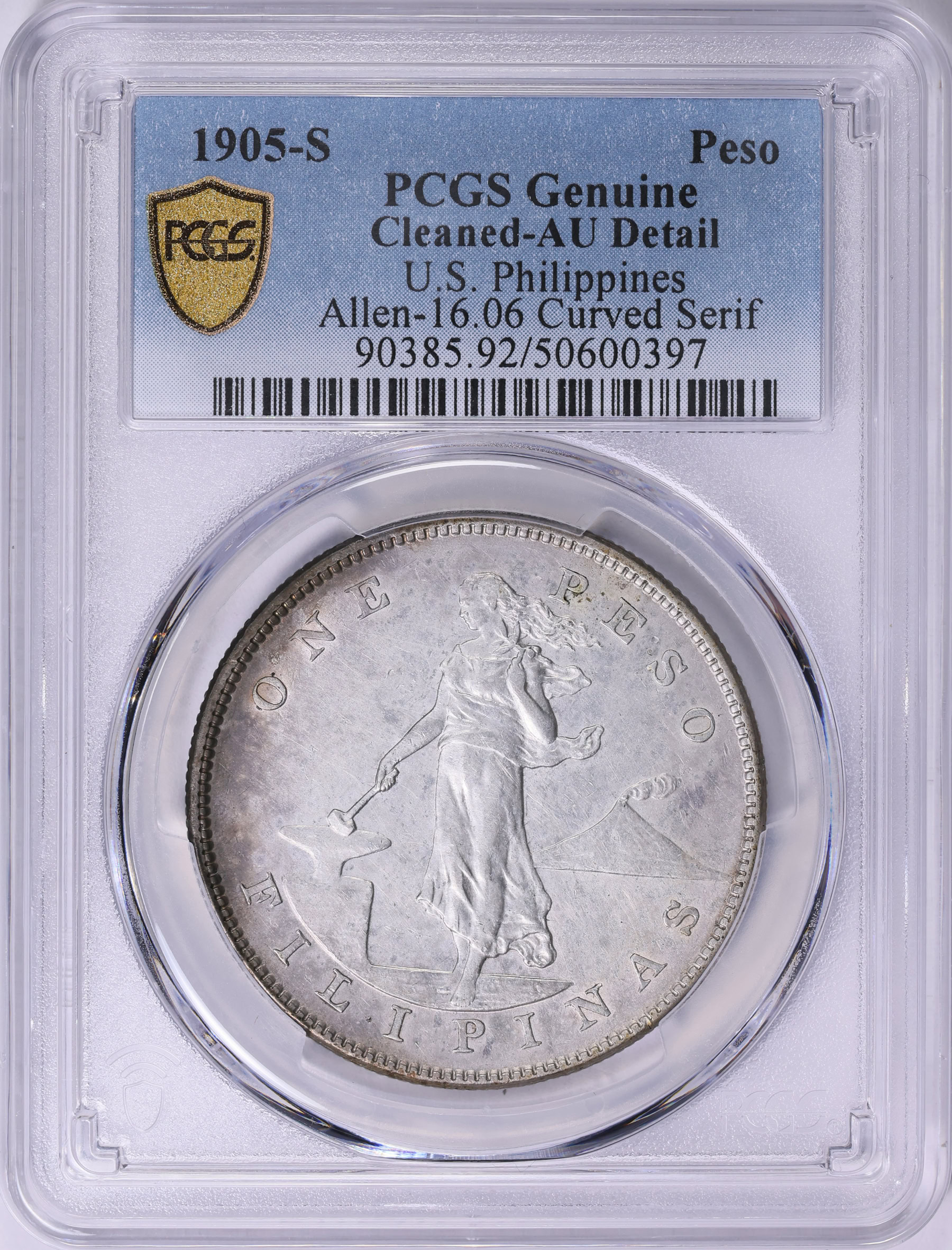 1905-S U.S. Philippines Peso Curved Serif PCGS Genuine AU Details (Item ...