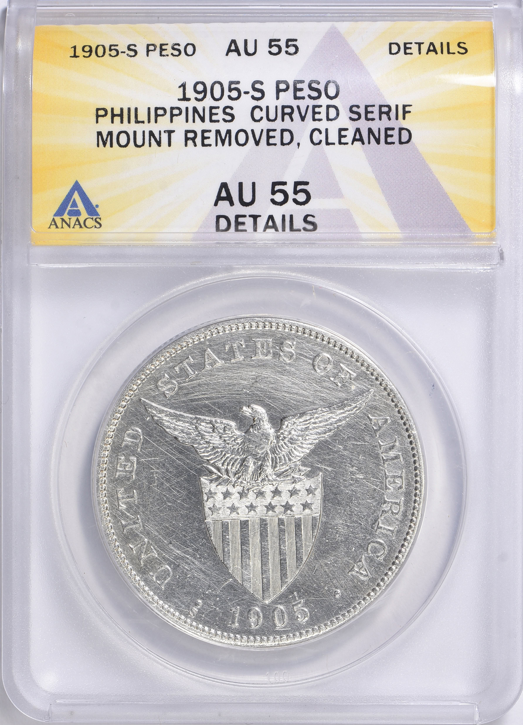 1905-S U.S. Philippines Peso Curved Serif ANACS AU-55 Details (Item ...