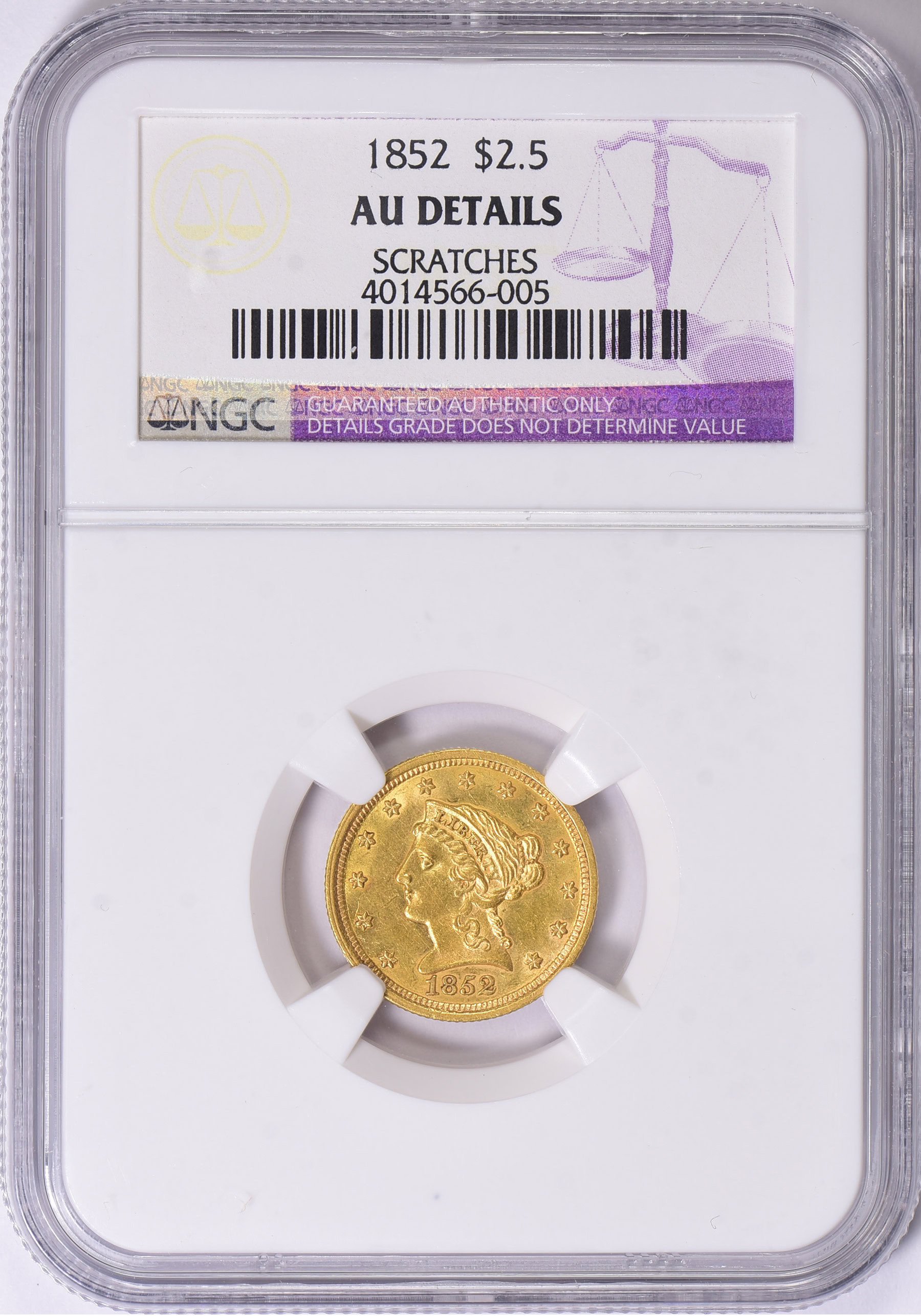 1852 Liberty Gold Quarter Eagle NGC AU Details (Item 1722489) | GreatCollections Coin Auctions