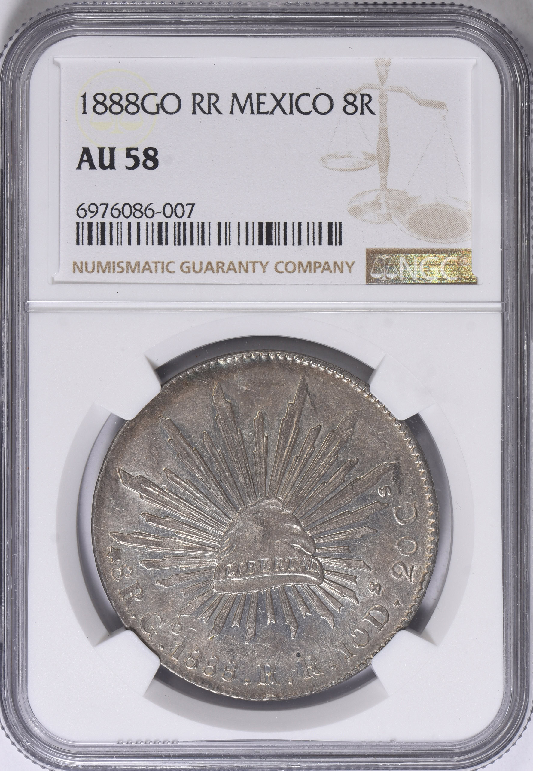 Mexico 1888-Go RR Silver 8 Reales KM-377.8 NGC AU-58 (Item 1722567) | GreatCollections Coin Auctions