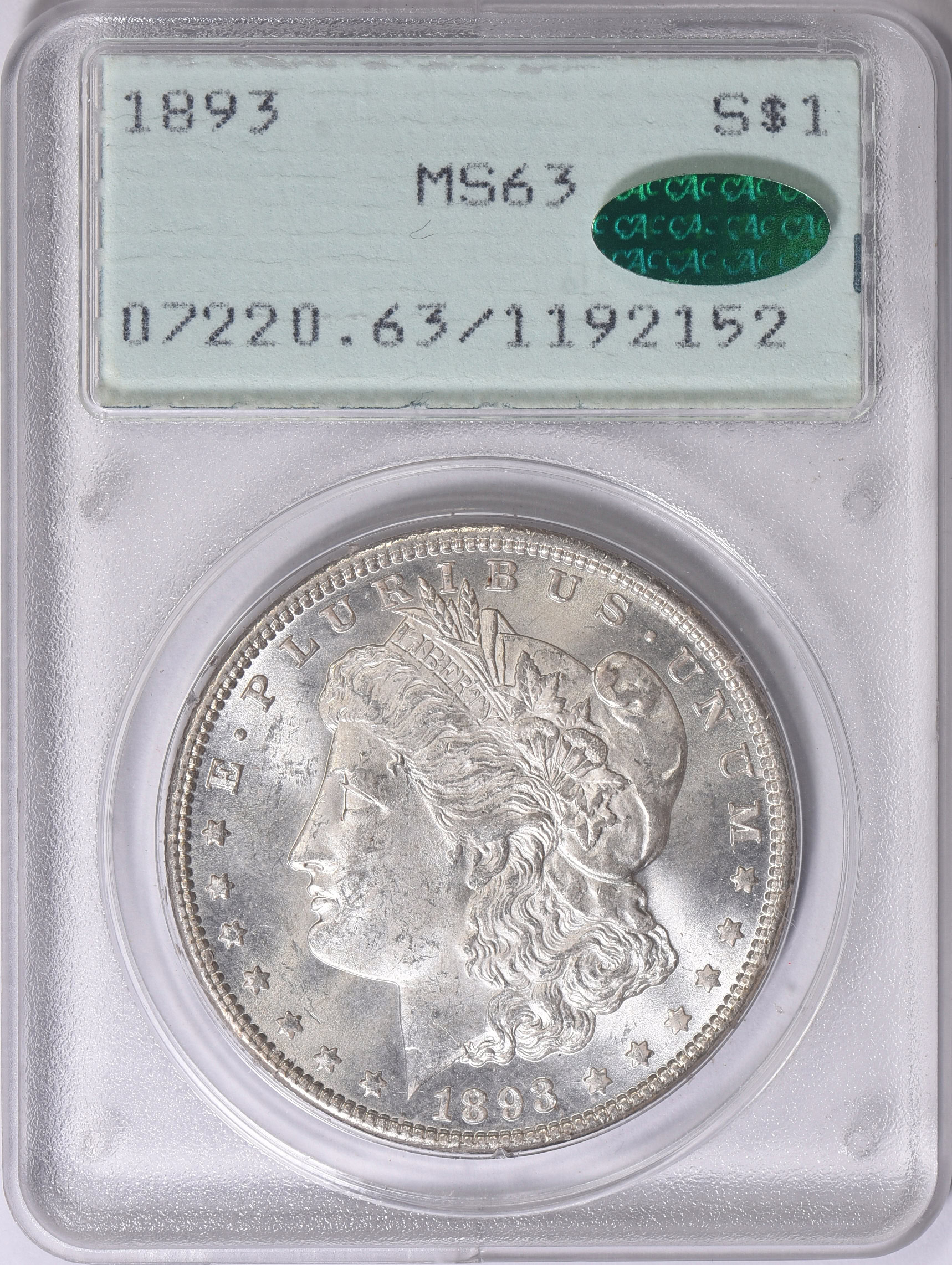 1893 Morgan Silver Dollar PCGS MS-63 (CAC Green) OGH (1st Gen) (Item 1722715) | GreatCollections ...