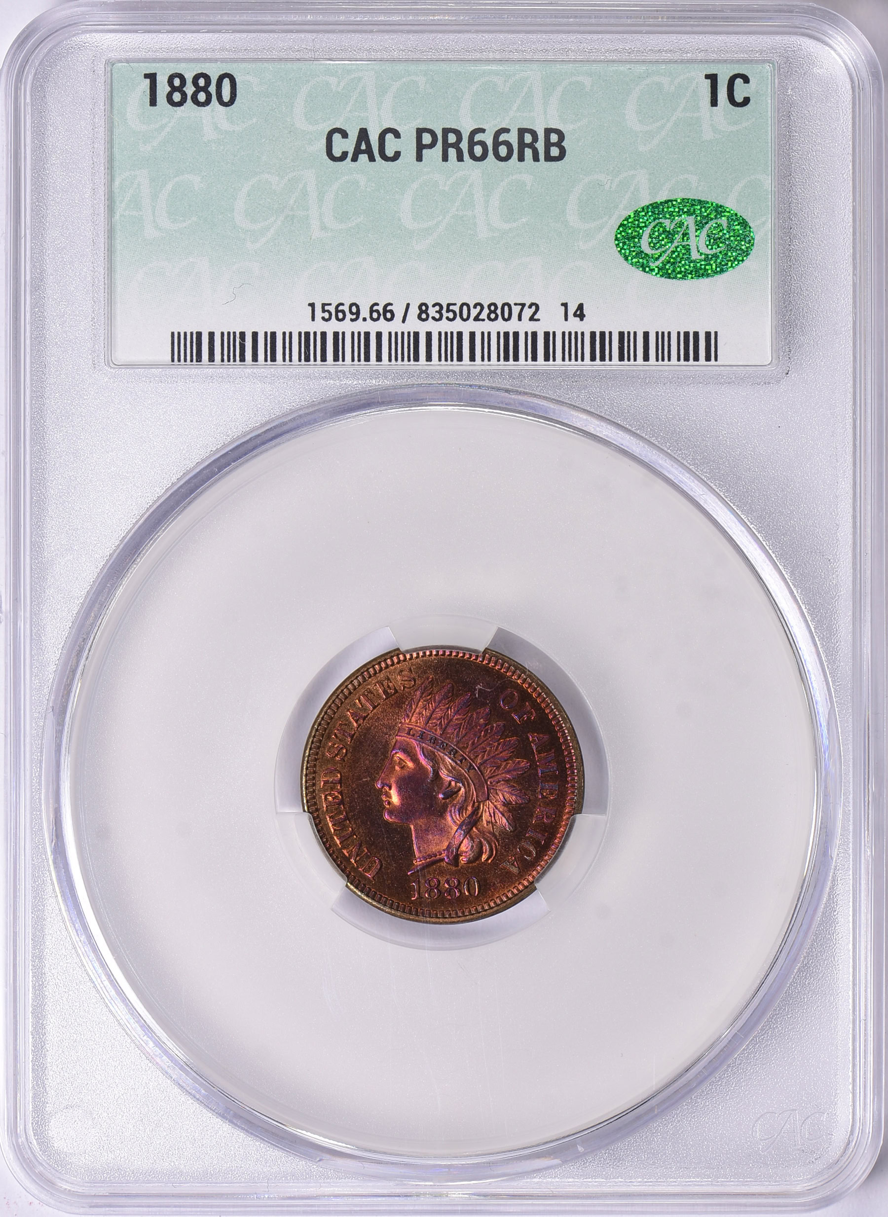1880 Indian Cent CACG Proof-66 RB (Toned) (Item 1722748) | GreatCollections Coin Auctions