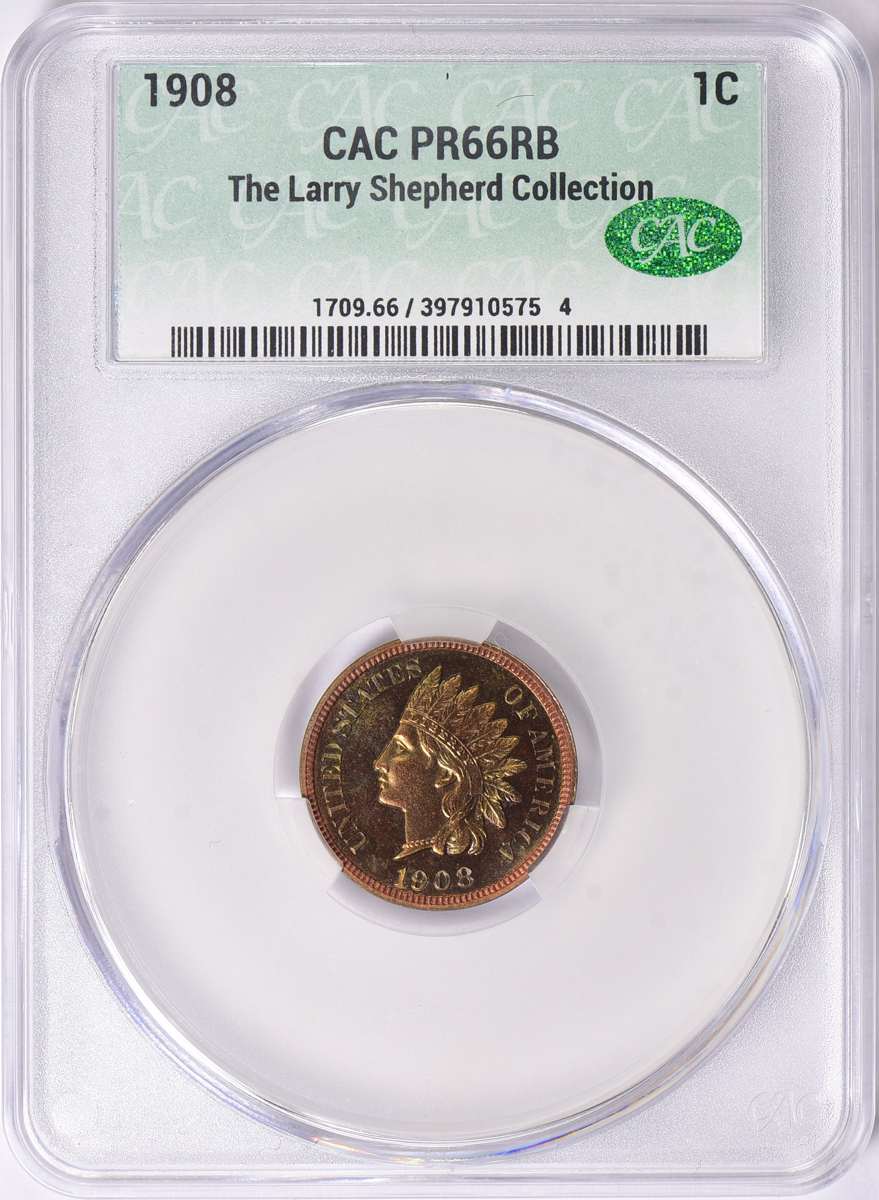 1908 Indian Cent CACG Proof-66 RB (Toned) (The Larry Shepherd ...