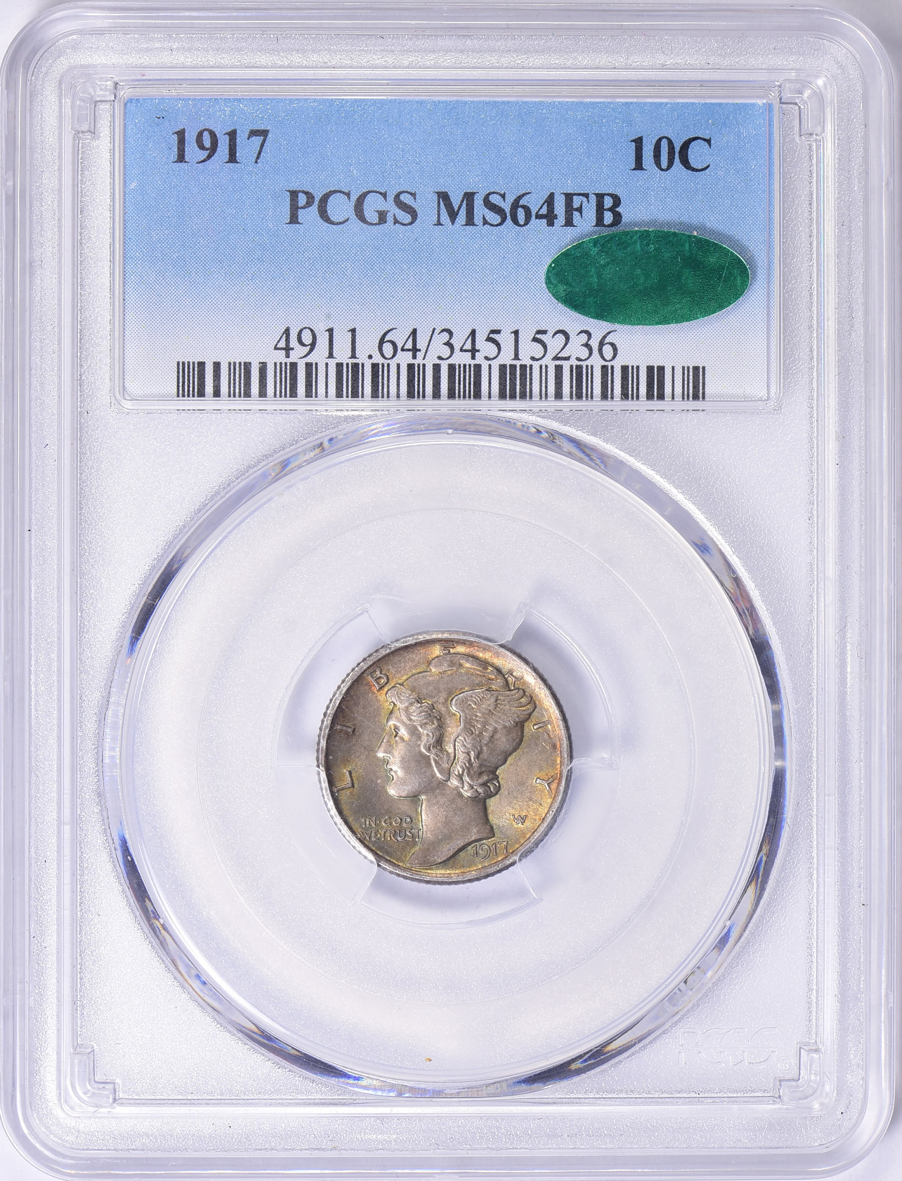 1917 Mercury Dime PCGS MS-64 FB (CAC Green) (Toned) (Item 1722769) | GreatCollections Coin Auctions