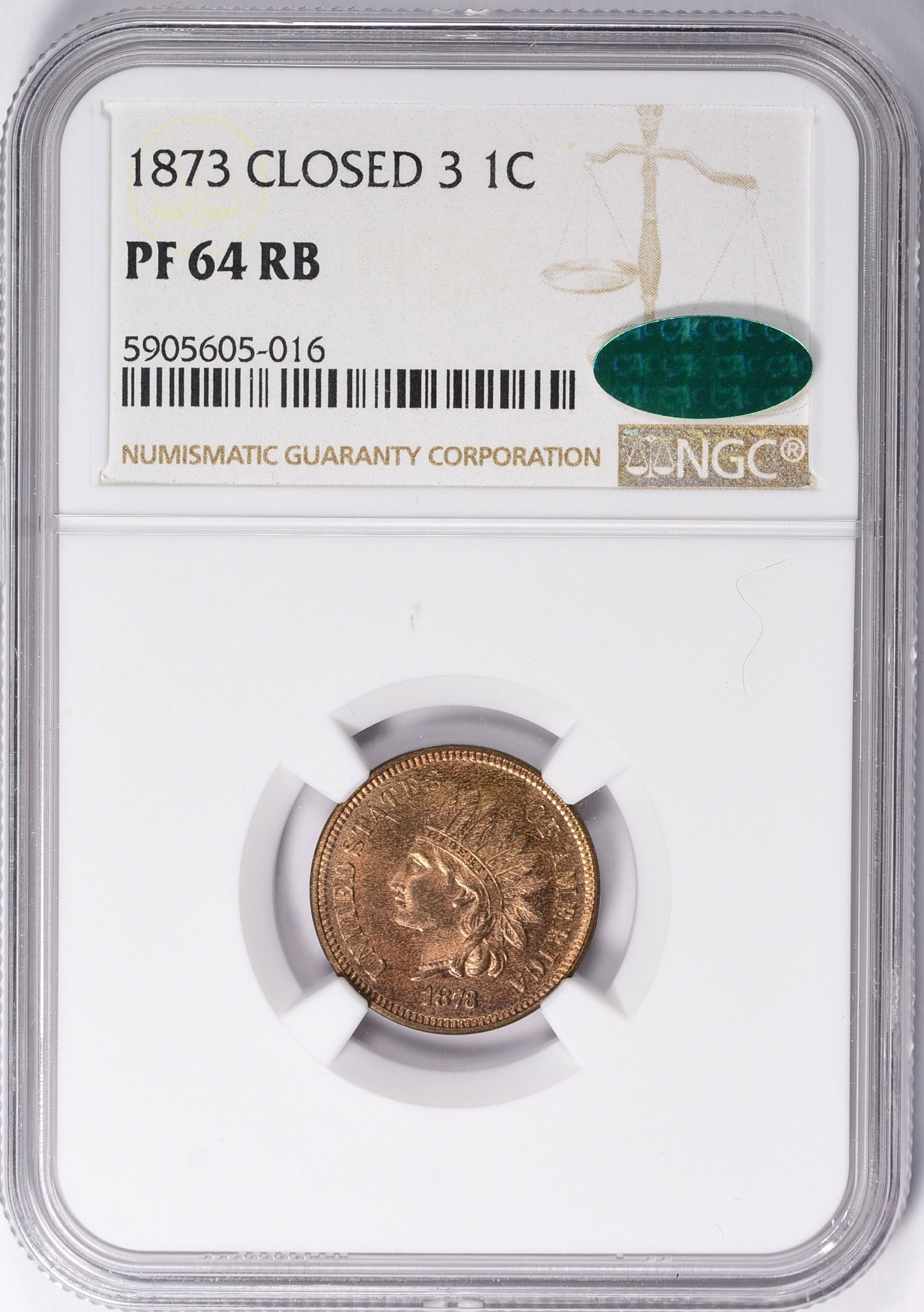 1873 Indian Cent Closed 3 NGC Proof-64 RB (CAC Green) (Item 1722811) | GreatCollections Coin ...