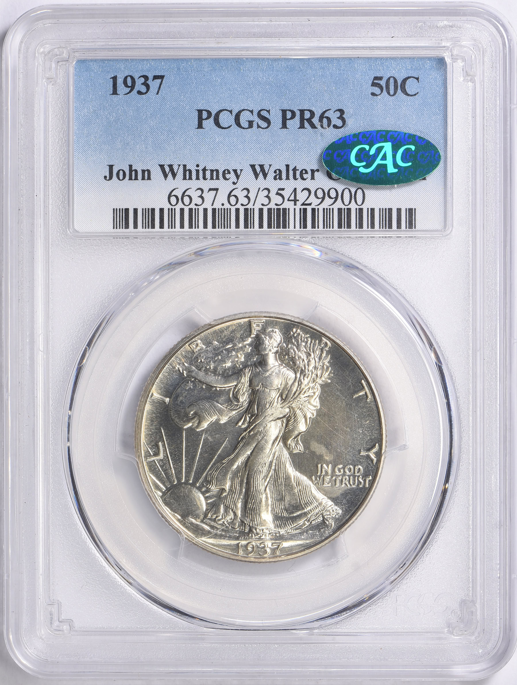 1937 Walking Liberty Half Dollar PCGS Proof-63 (CAC Green) (John Whitney Walter Collection ...