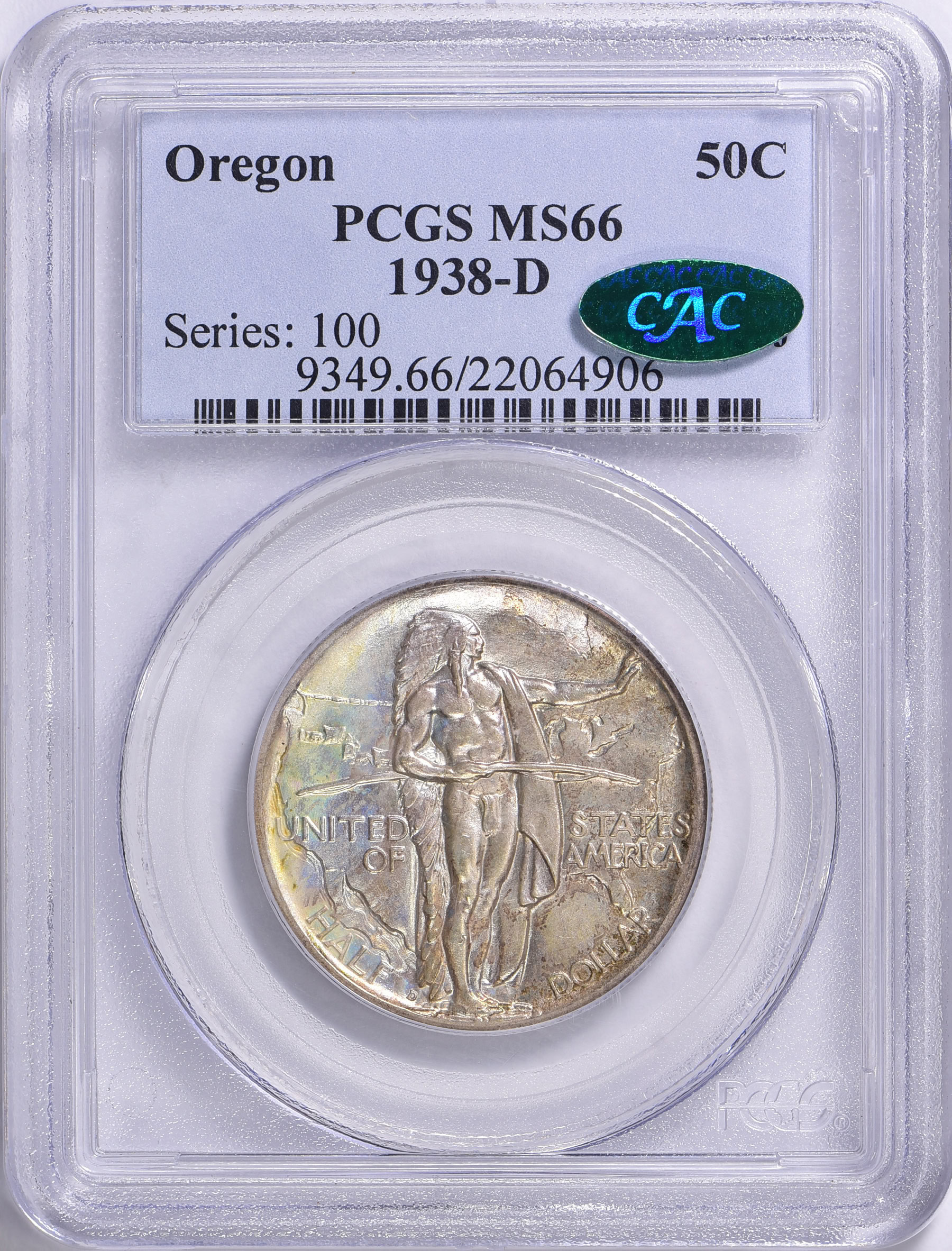 1938-D Oregon Trail Memorial Half Dollar PCGS MS-66 (CAC Green) (Toned) (Item 1723191 ...