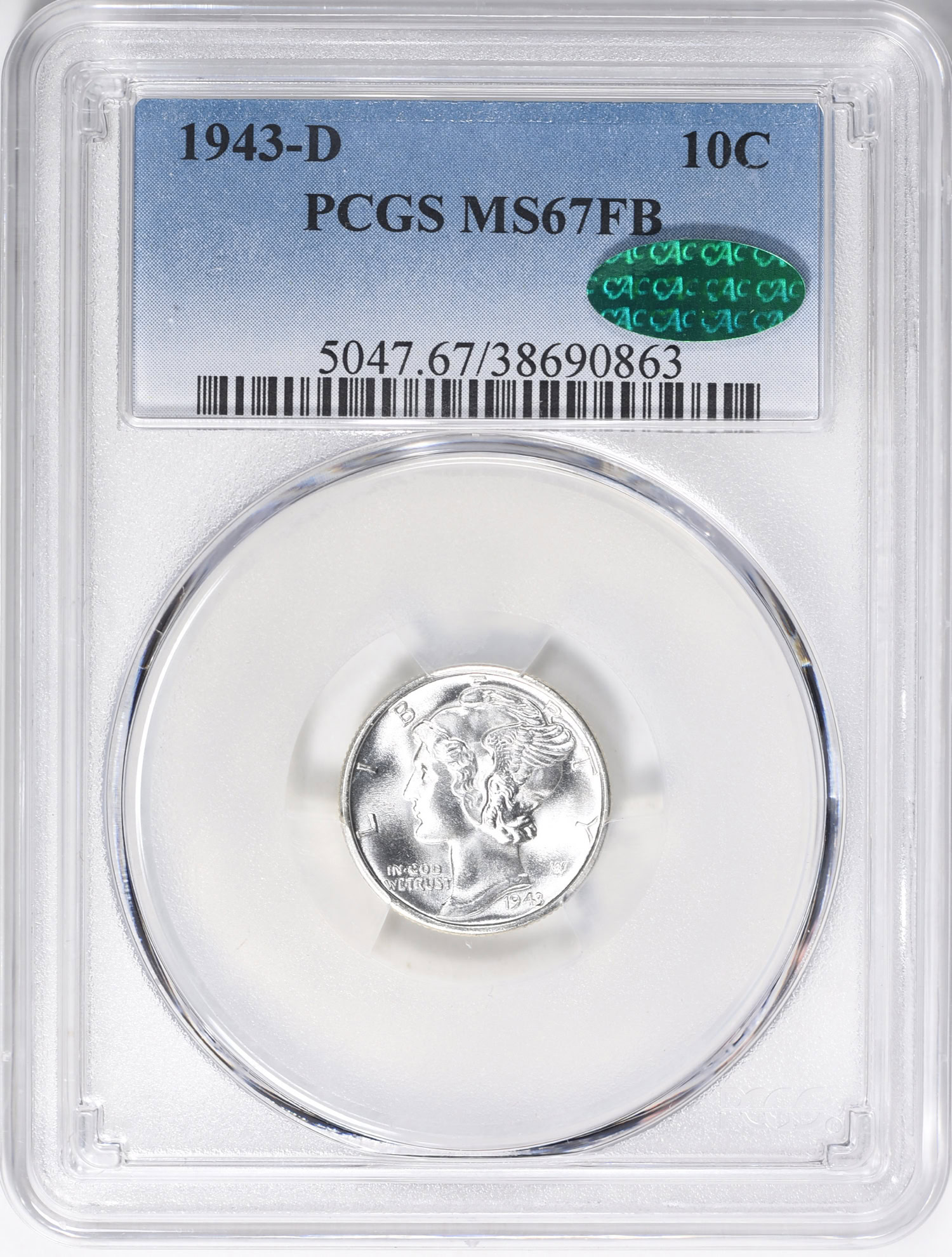 1943-D Mercury Dime PCGS MS-67 FB (CAC Green) (Item 1723201) | GreatCollections Coin Auctions
