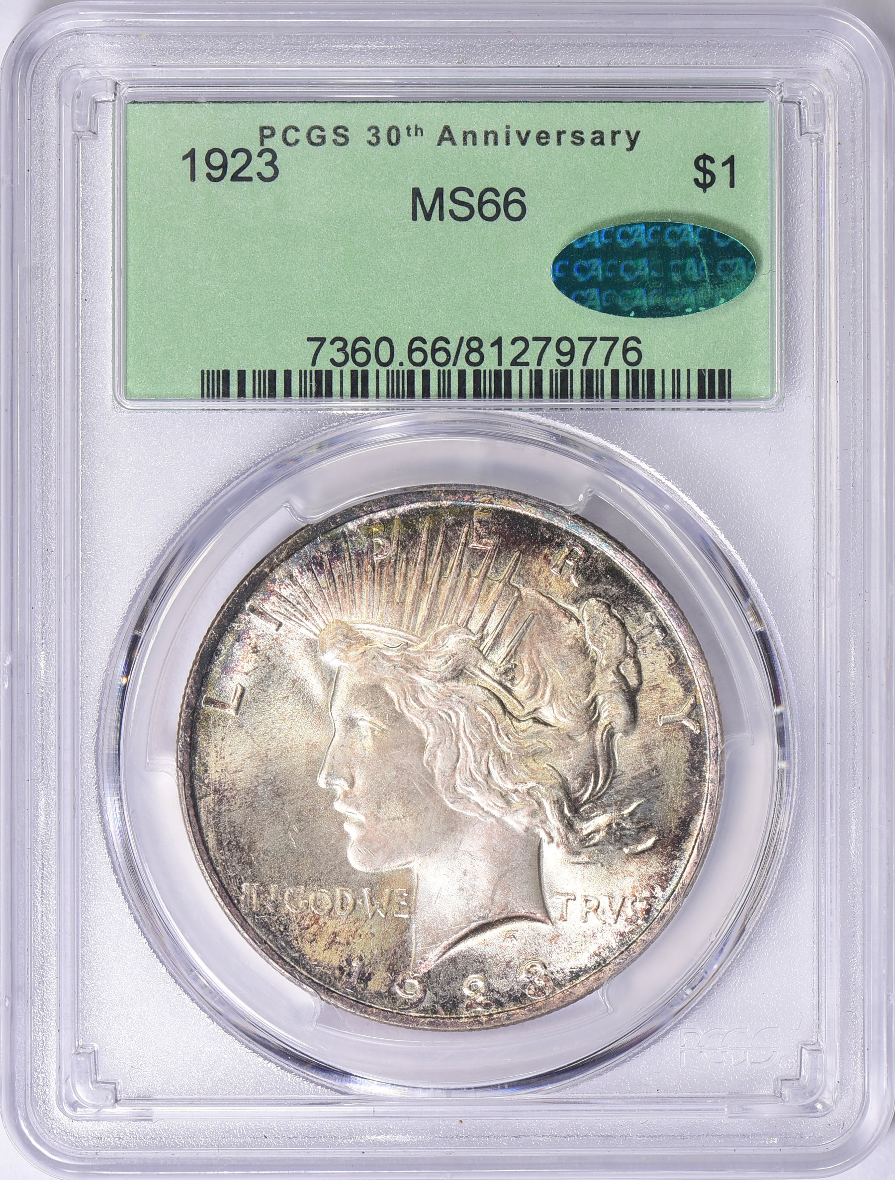 1923 Peace Silver Dollar PCGS MS-66 (CAC Green) (OGH 30th Anniversary Label) (Toned) (Item ...