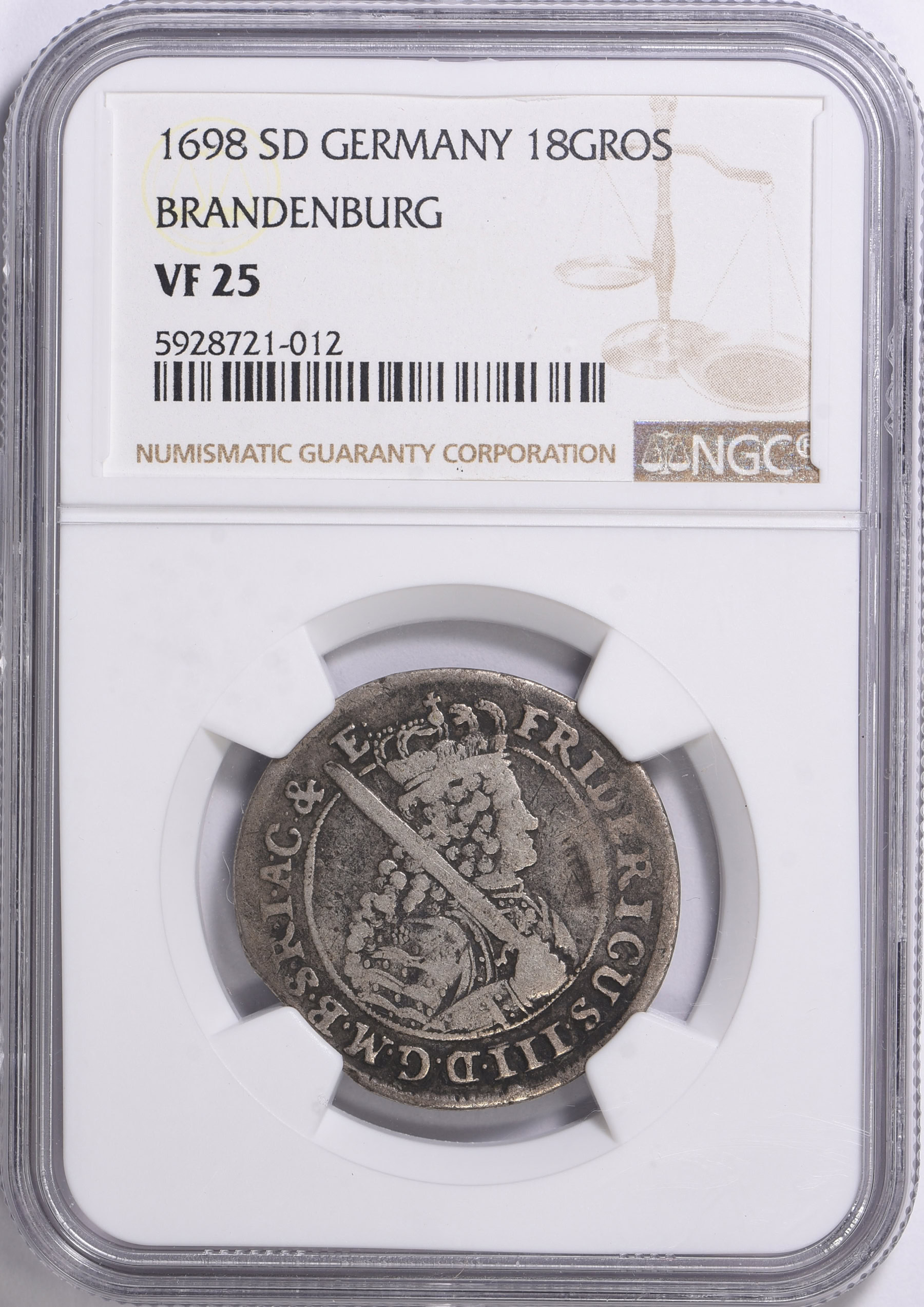 Germany - Brandenburg 1698-SD Silver 18 Gr'Scher (1/5 Thaler) KM-611 ...