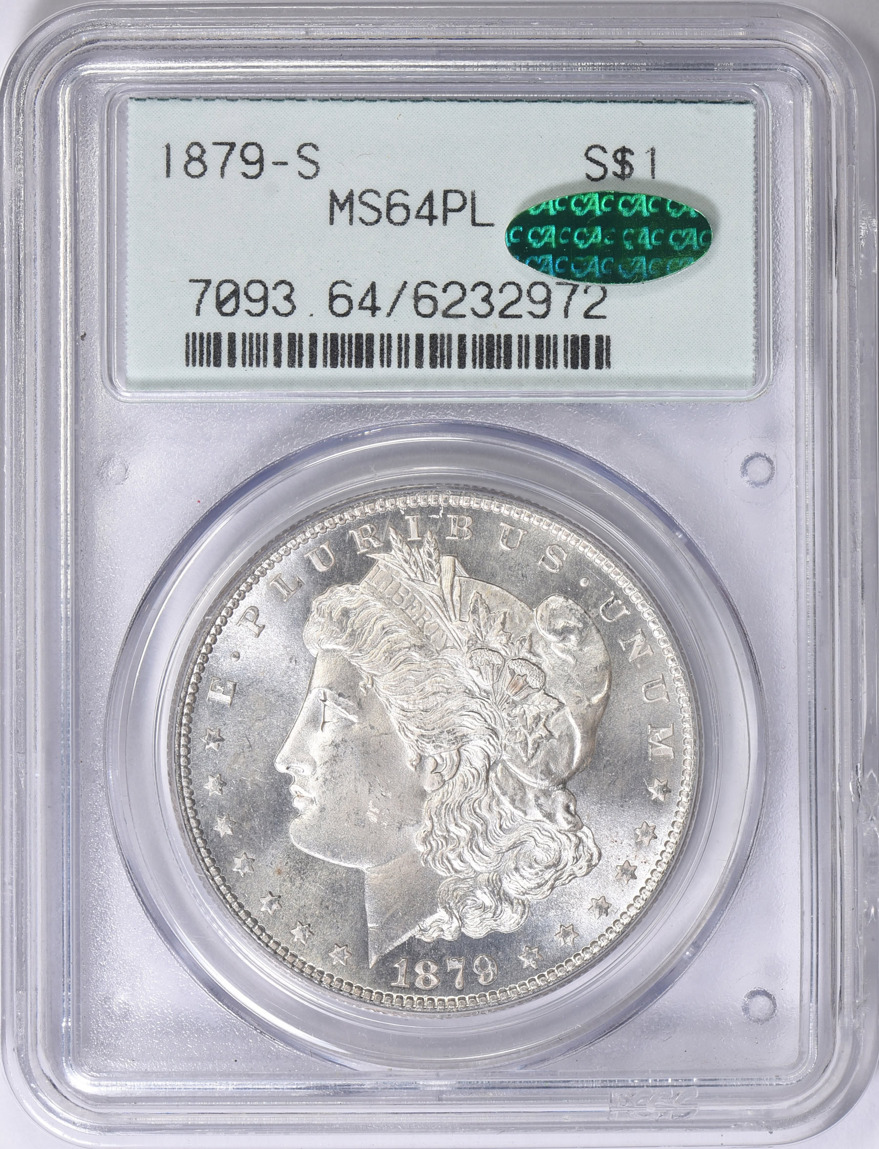 1879-S Morgan Silver Dollar PCGS MS-64 PL (CAC Green) OGH (2nd Gen) (Item 1723256 ...