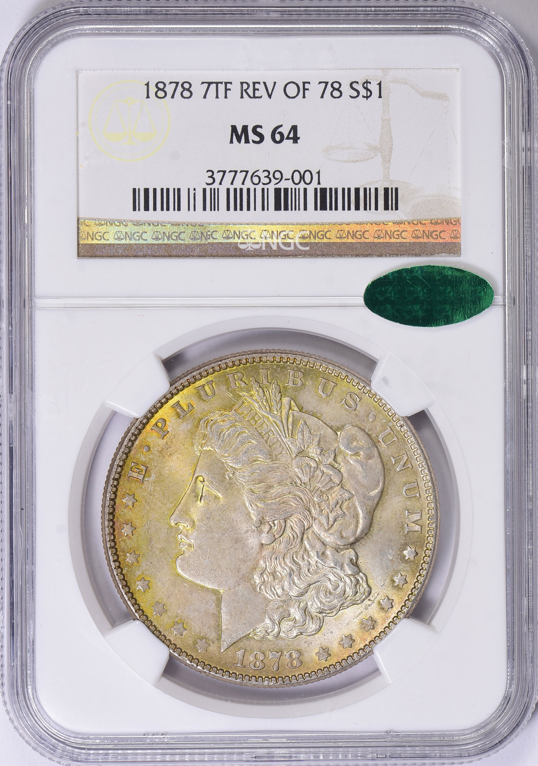 1878 Morgan Silver Dollar 7 Tailfeathers, Reverse of 1878 NGC MS-64 (CAC Green) (Toned) (Item ...