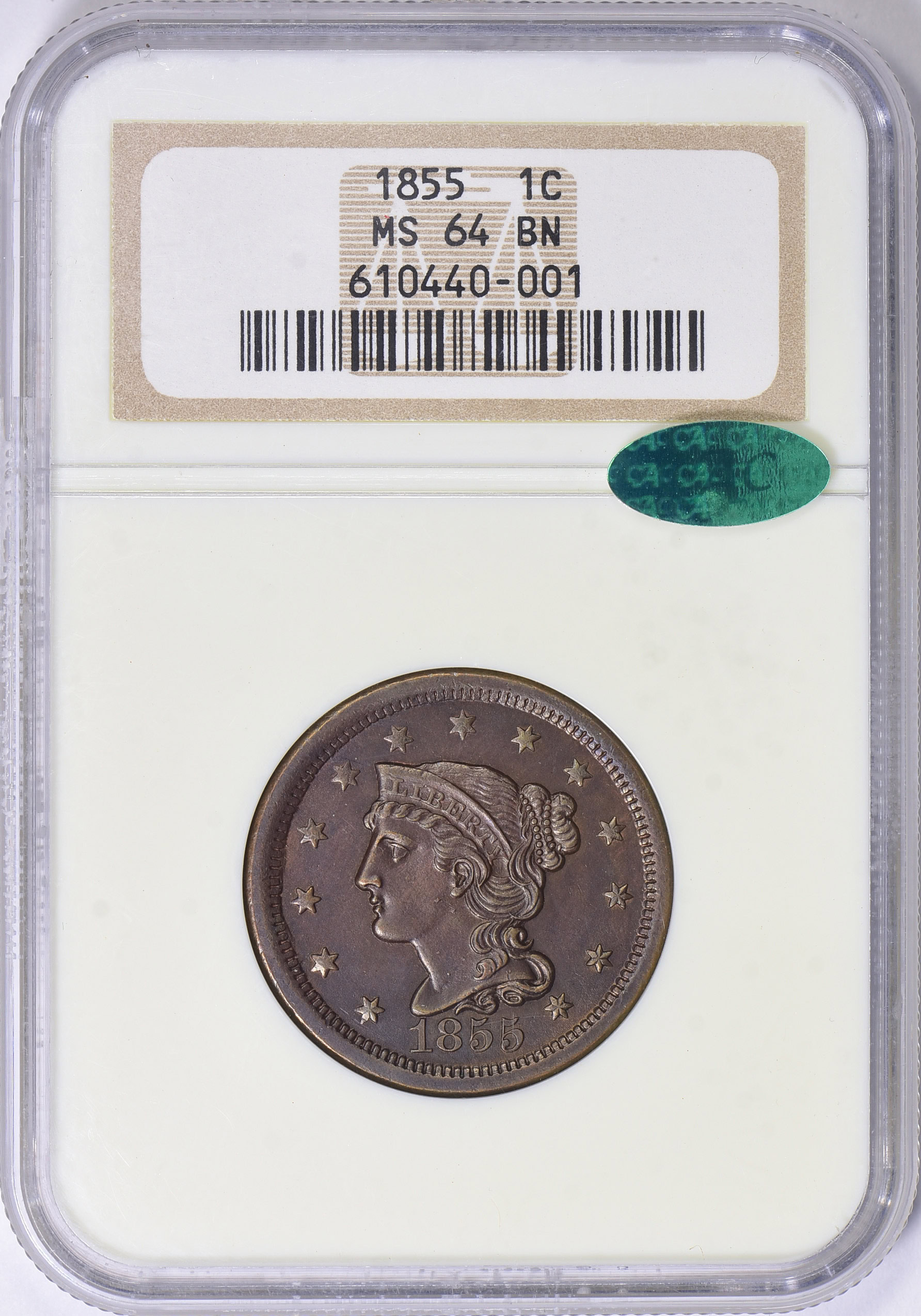 1855 Braided Hair Cent NGC MS-64 BN (CAC Green) (Item 1723266 ...