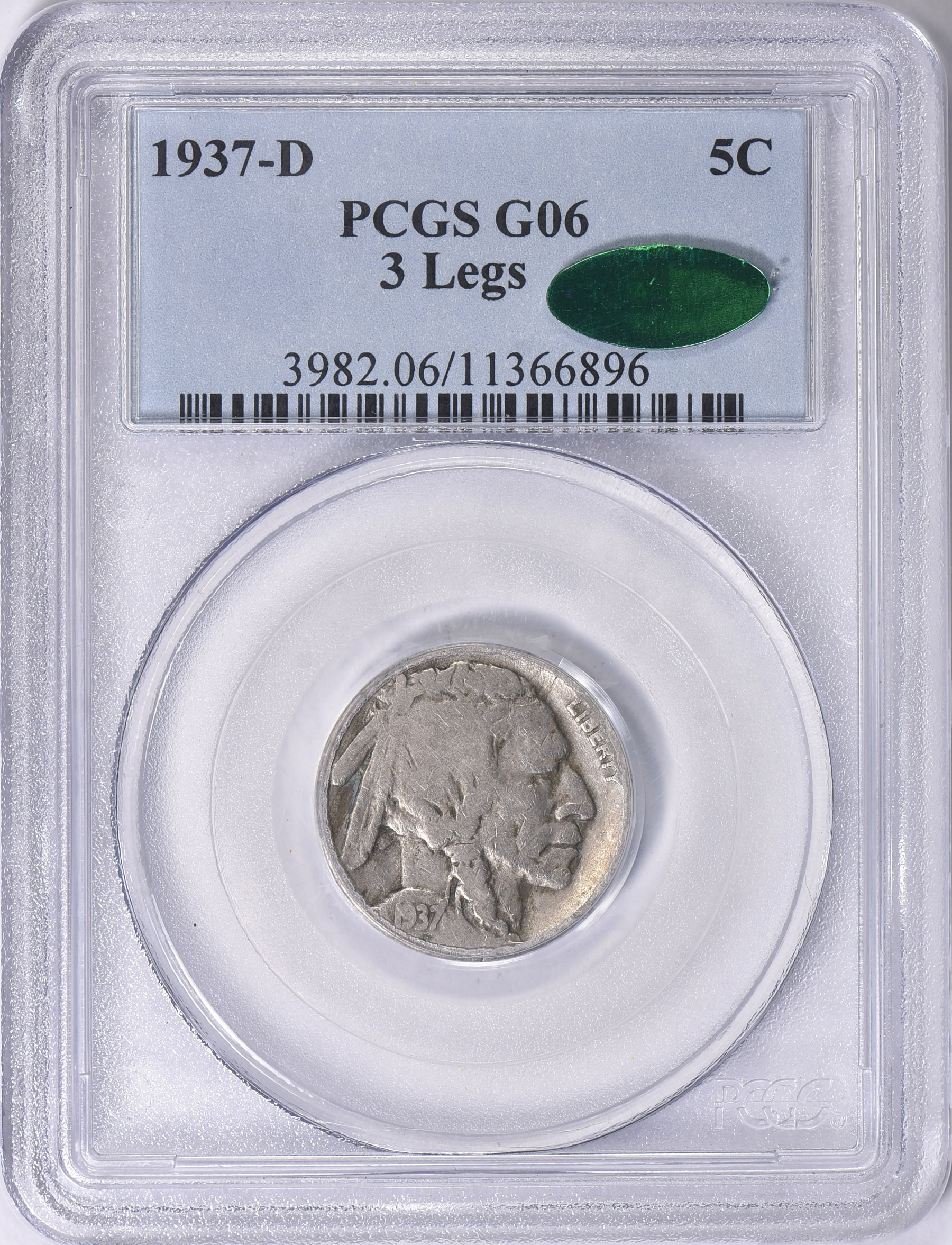 1937-D Buffalo Nickel 3 Legs PCGS G-06 (CAC Green) (Item 1723294) | GreatCollections Coin Auctions