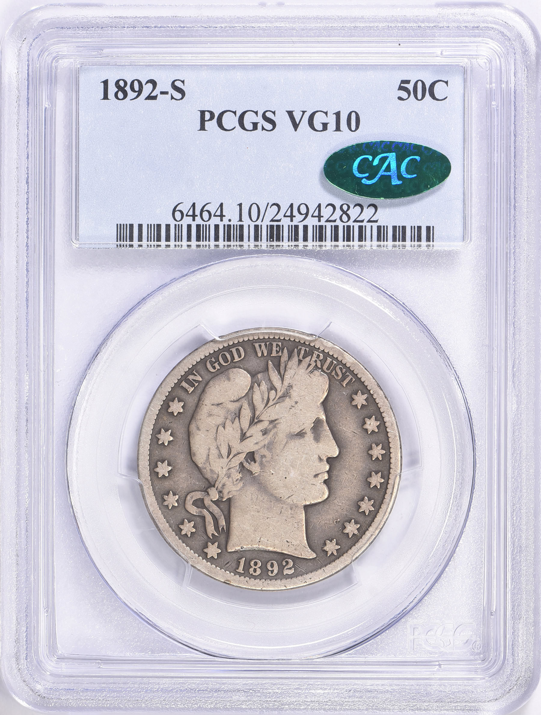 1892-S Barber Half Dollar PCGS VG-10 (CAC Green) (Item 1723298) | GreatCollections Coin Auctions