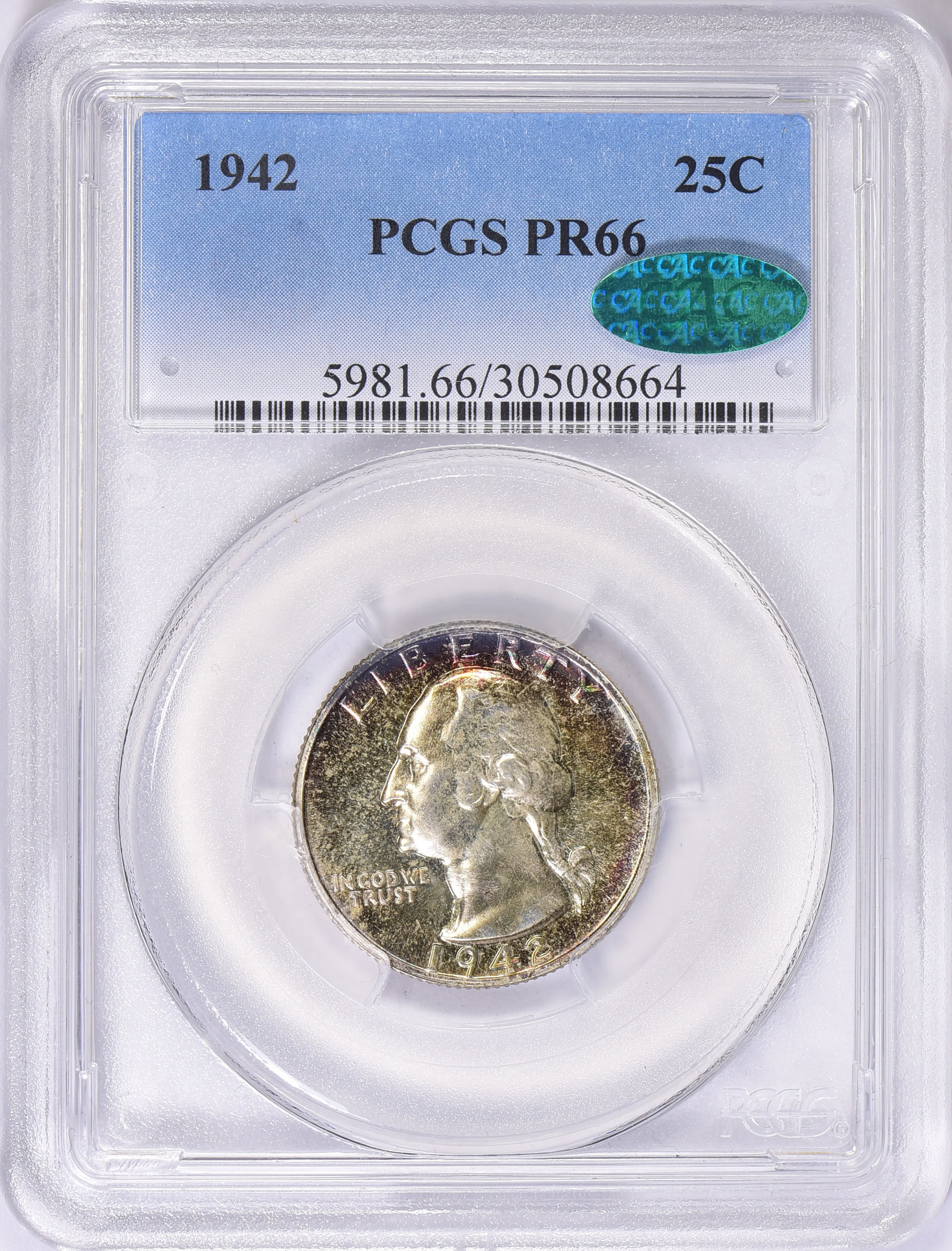 1942 Washington Quarter PCGS Proof-66 (CAC Green) (Toned) (Item 1723309) | GreatCollections Coin ...