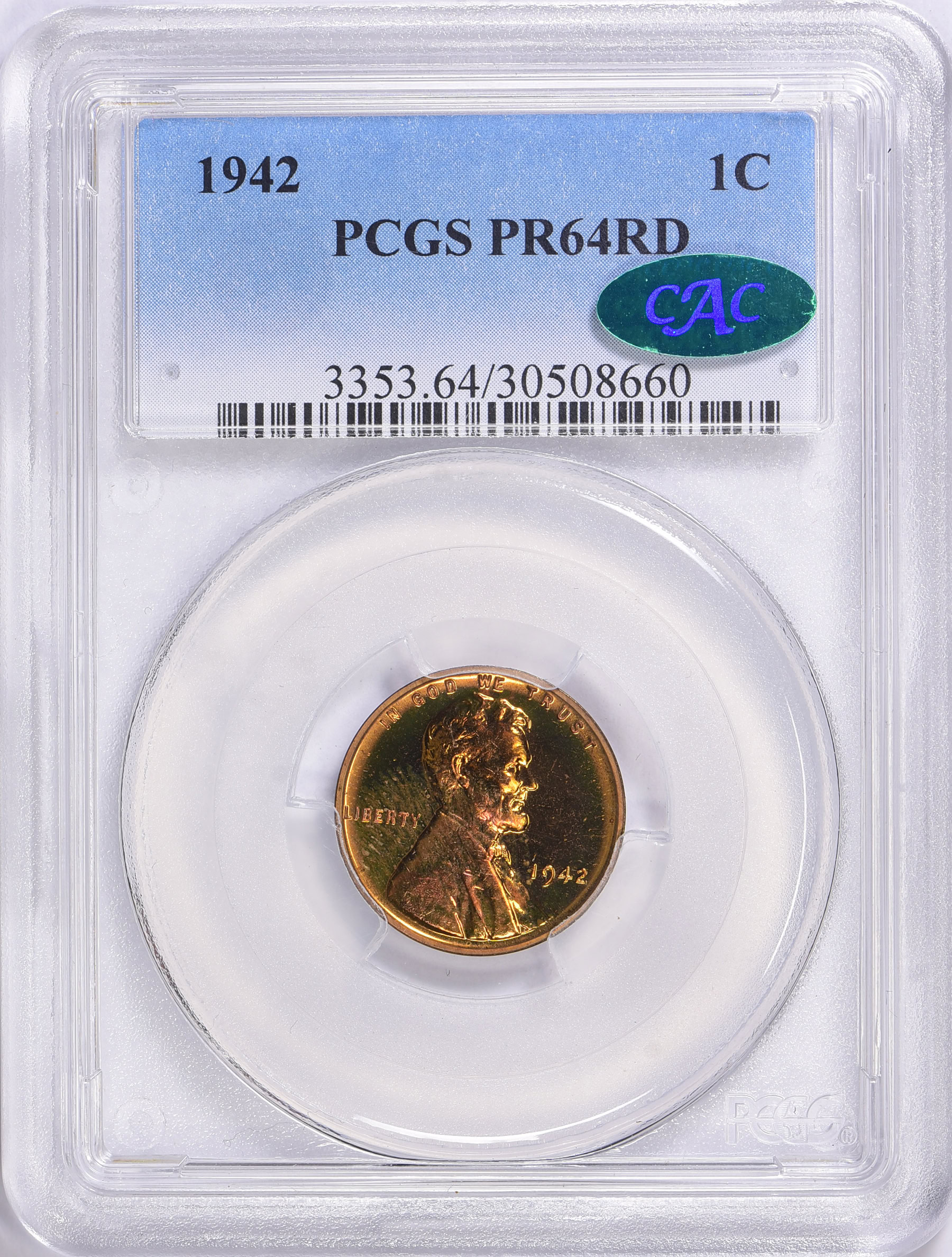 1942 Lincoln Cent PCGS Proof-64 RD (CAC Green) (Toned) (Item 1723310) | GreatCollections Coin ...