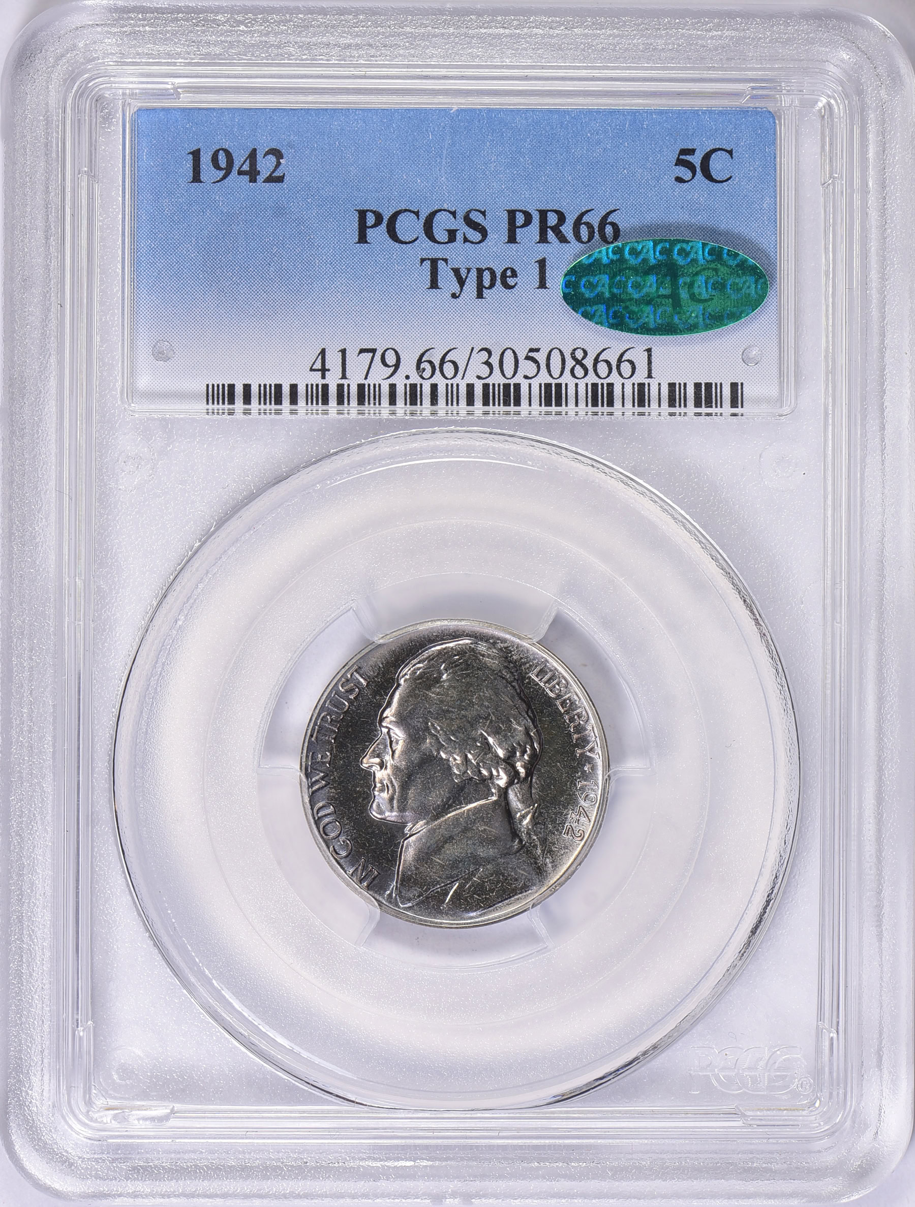 1942 Jefferson Nickel Type 1 PCGS Proof-66 (CAC Green) (Toned) (Item 1723311) | GreatCollections ...