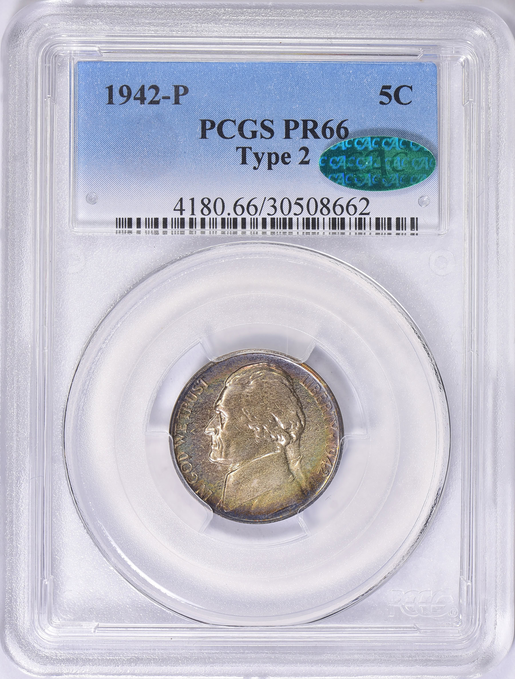 1942-P Jefferson Nickel Type 2 PCGS Proof-66 (CAC Green) (Toned) (Item 1723312 ...