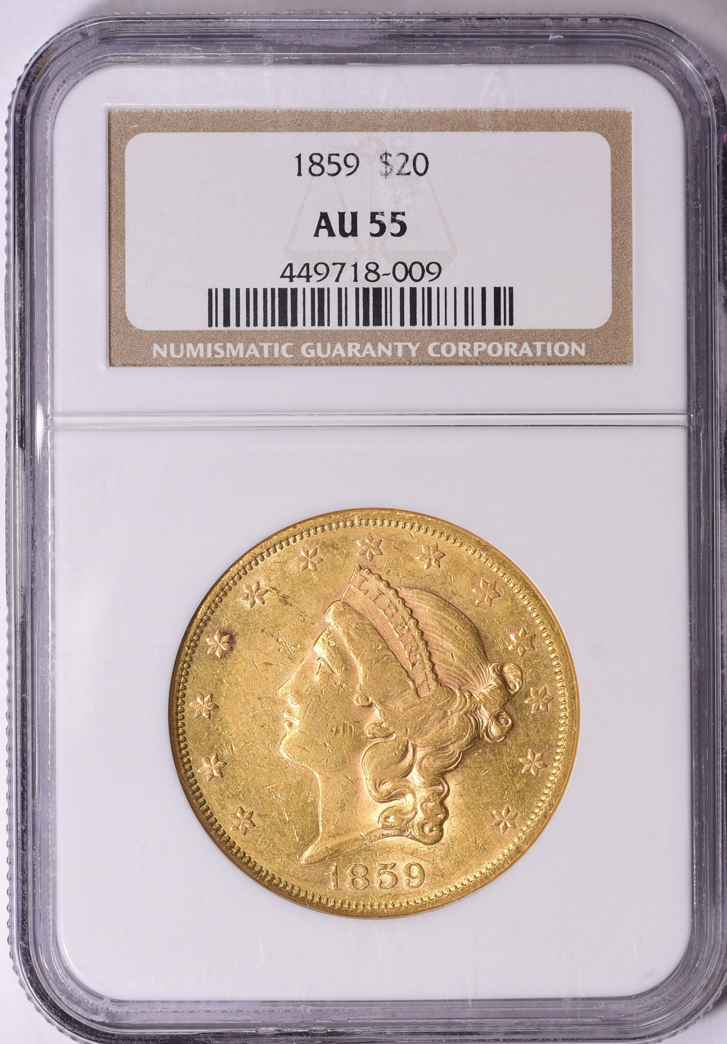 1859 Liberty Gold Double Eagle NGC AU-55 (Item 1723349) | GreatCollections Coin Auctions