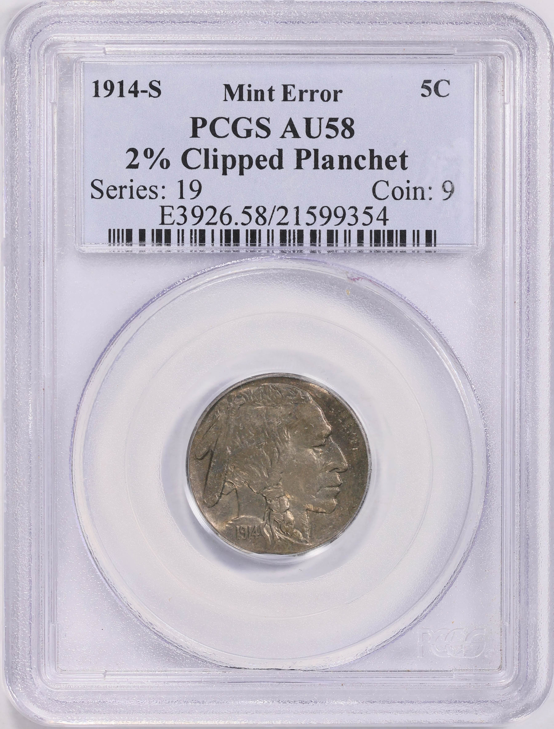 Mint Error 1914-S Buffalo Nickel 2% Clipped Planchet PCGS AU-58 | PCGS ...