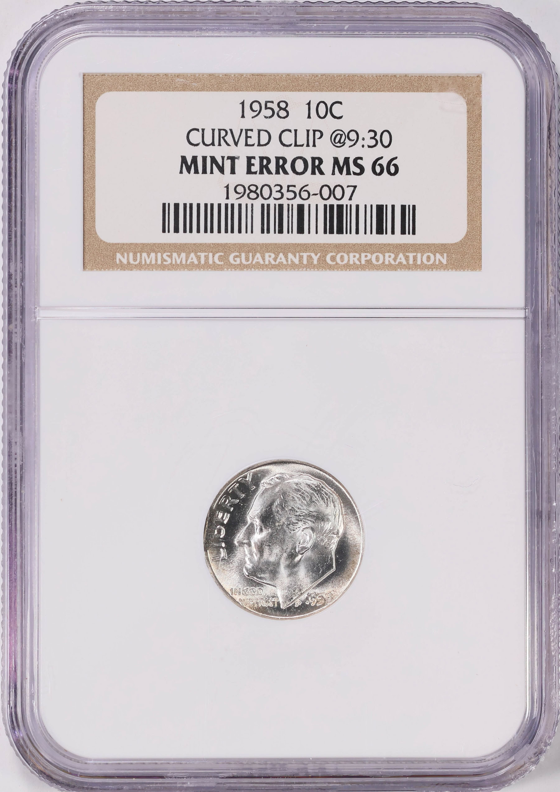 Mint Error 1958 Roosevelt Dime Curved Clip at 9:30 NGC MS-66 | NGC Cert ...