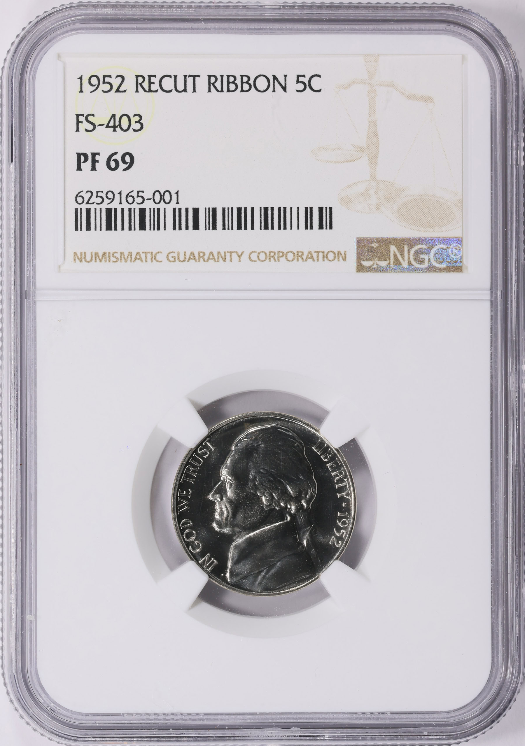 1952 Jefferson Nickel Recut Ribbon FS-403 NGC Proof-69 (Item 1723444 ...