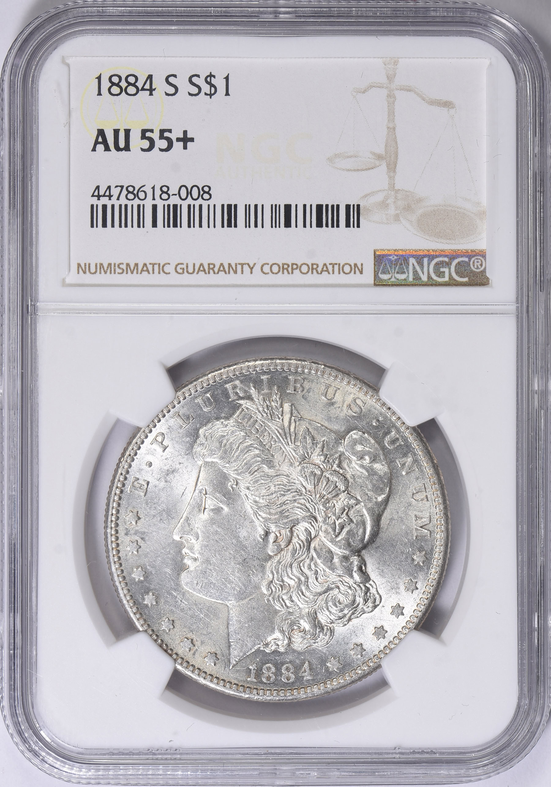 1884-S Morgan Silver Dollar NGC AU-55+ (Item 1723568) | GreatCollections Coin Auctions