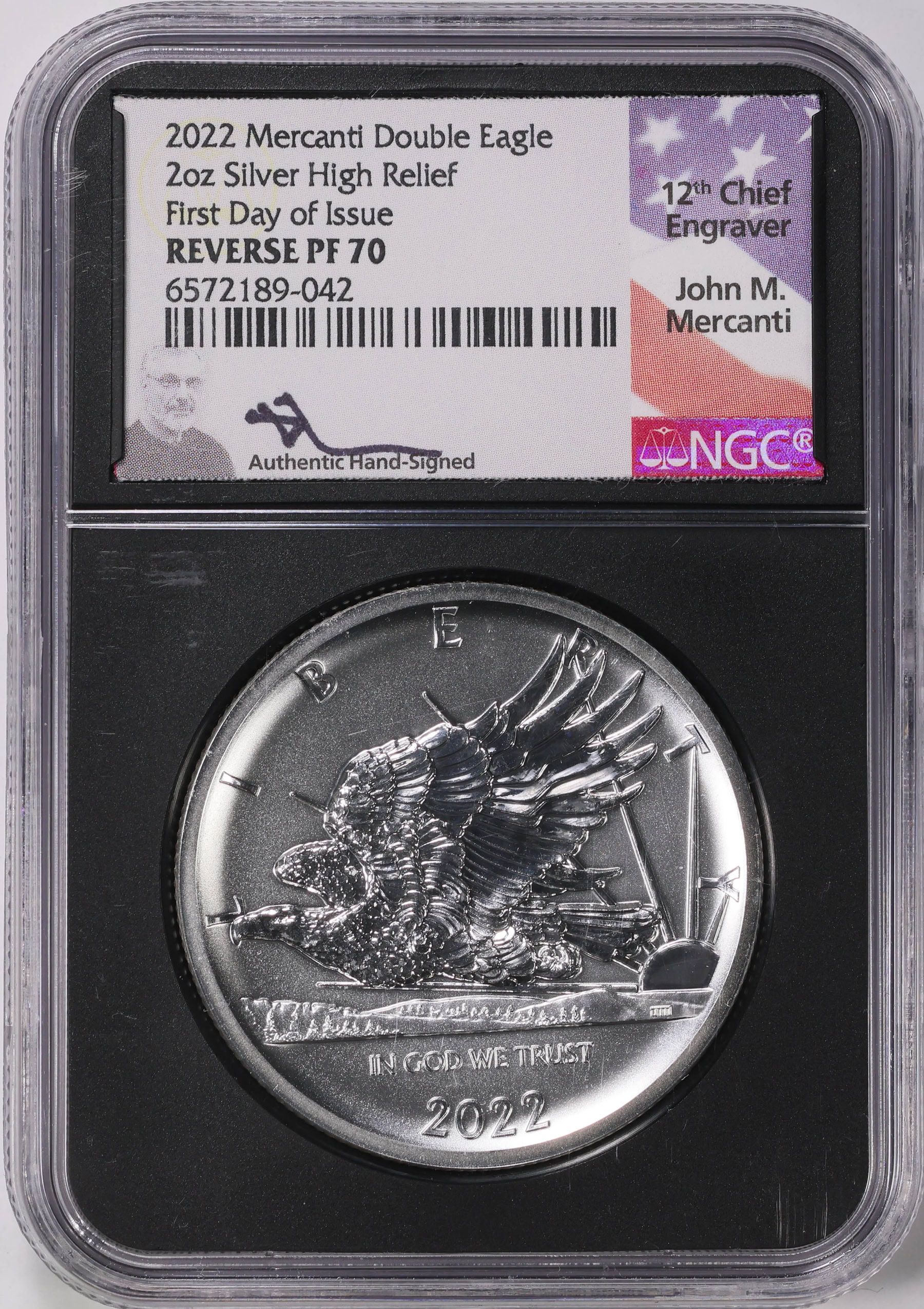 2022 Silver 2oz Mercanti Double Eagle High Relief Reverse Proof First Day of Issue NGC Proof-70 ...