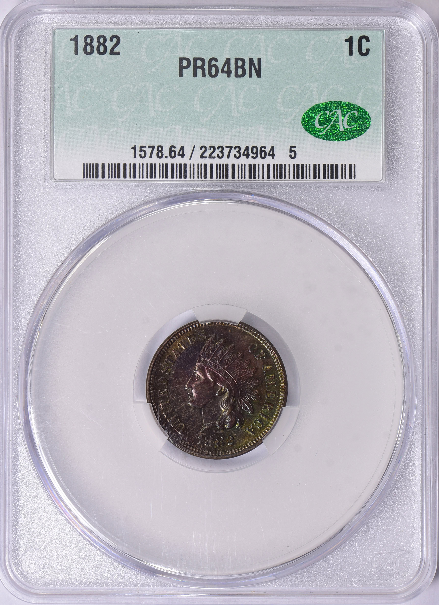 1882 Indian Cent CACG Proof-64 BN (Toned) (Item 1723603) | GreatCollections Coin Auctions