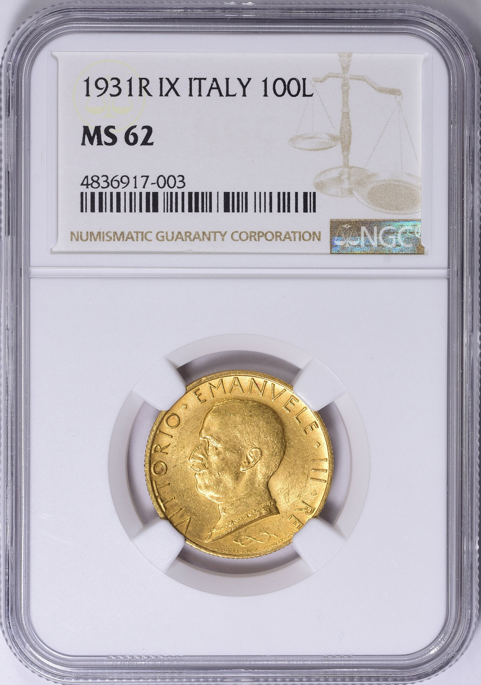 Italy 1931-R Year IX Gold 100 Lire KM-72 NGC MS-62 (AGW = 0.2546 oz ...