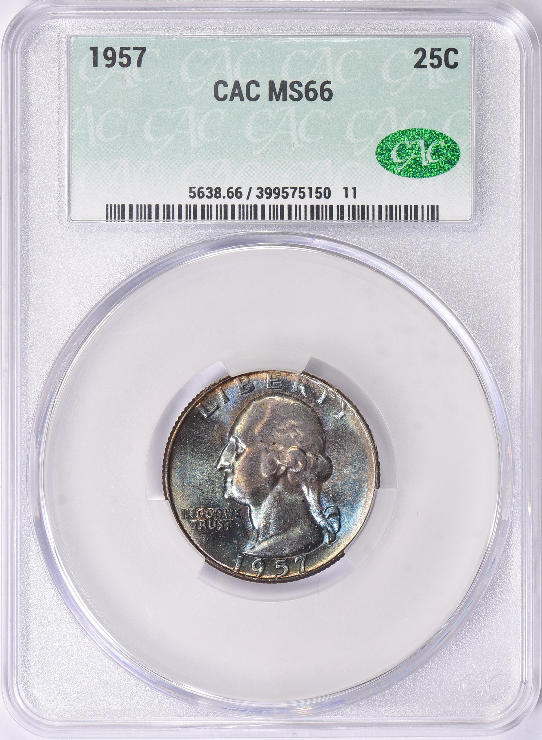 1957 Washington Quarter CACG MS-66 (Toned) (Item 1723813) | GreatCollections Coin Auctions
